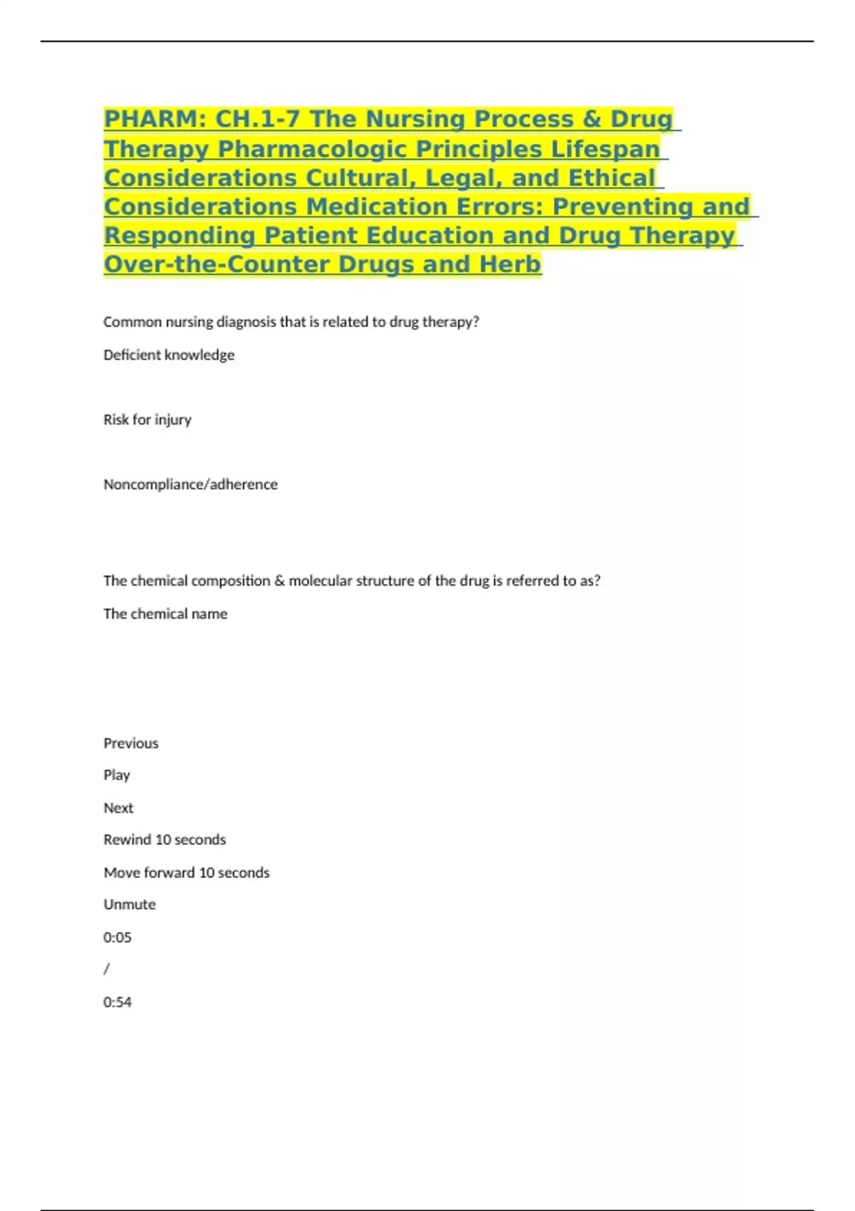 PHARM: CH.1-7 The Nursing Process & Drug Therapy Pharmacologic ...