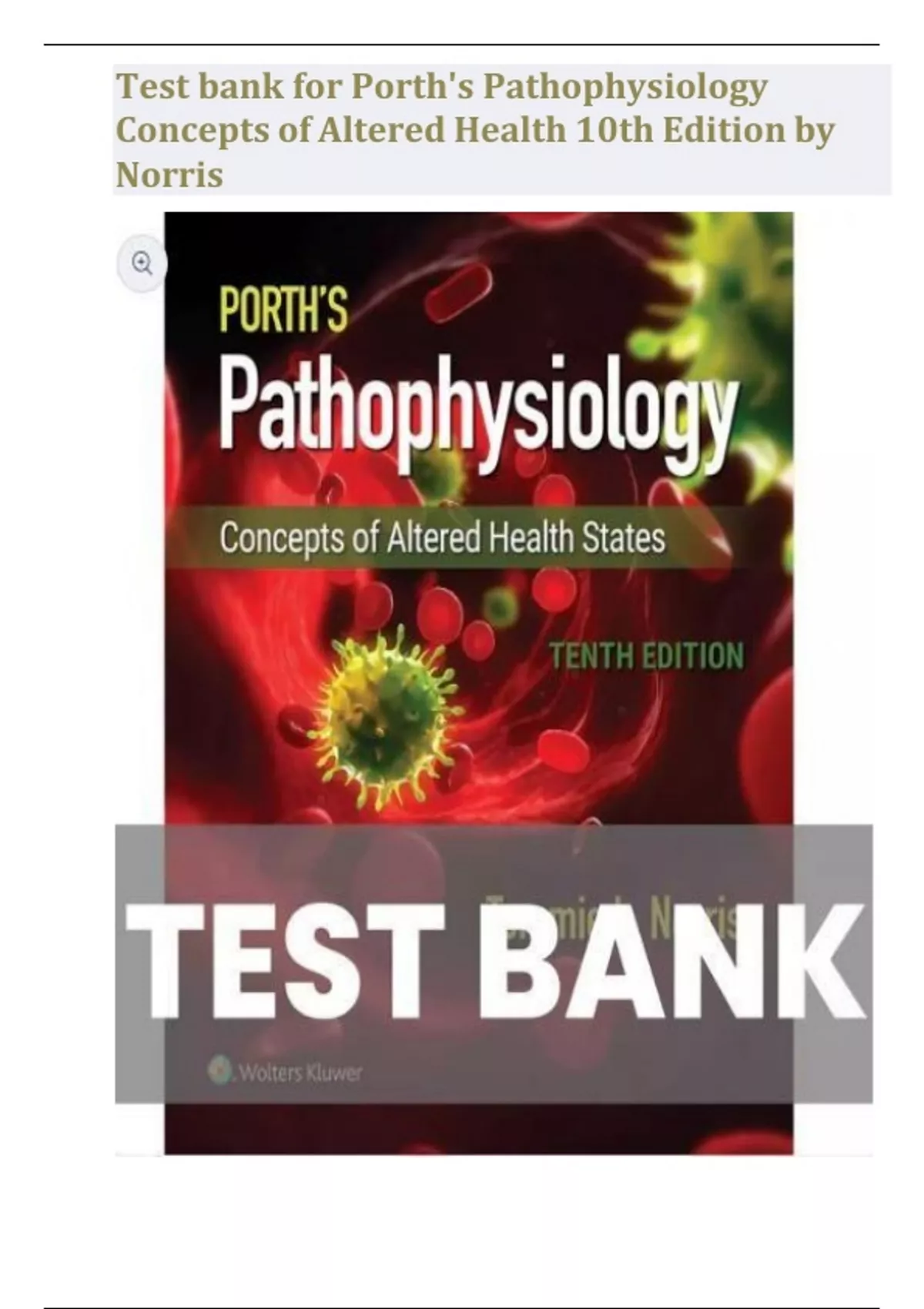 TEST BANK FOR PORTH’S PATHOPHYSIOLOGY 10TH EDITION BY NORRIS|| ALL ...