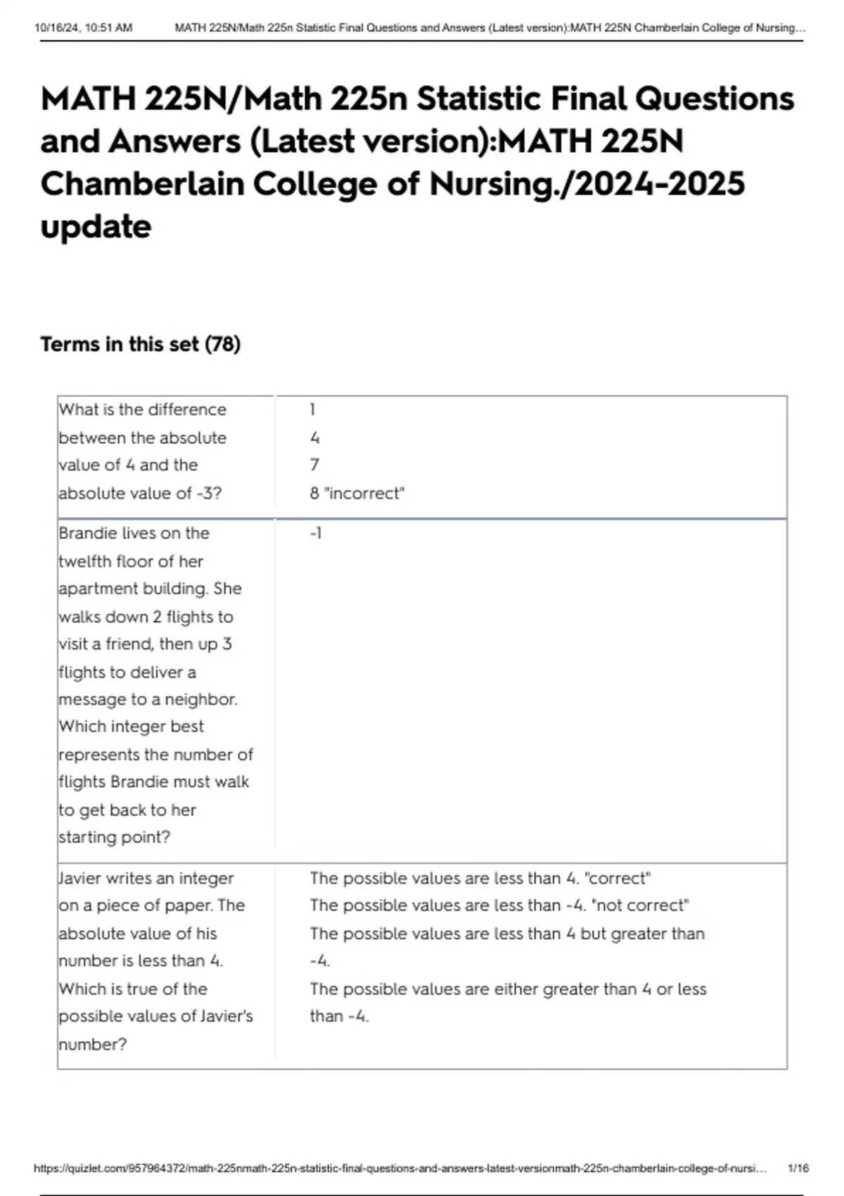 MATH 225N/Math 225n Statistic Final Questions and Answers (Latest ...