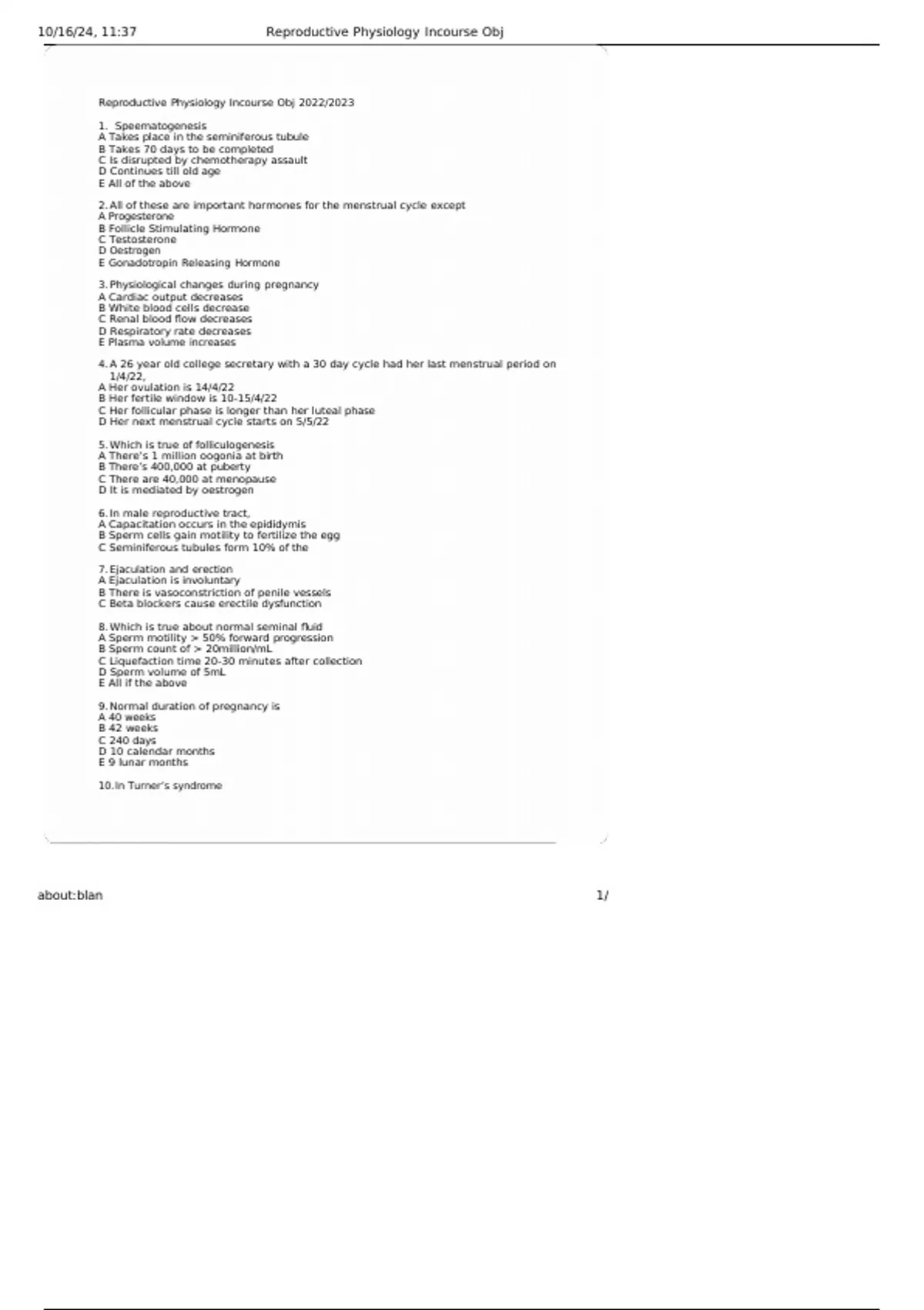 Reproductive Physiology Incourse Obj - Introduction to Molecular Biology - Stuvia US