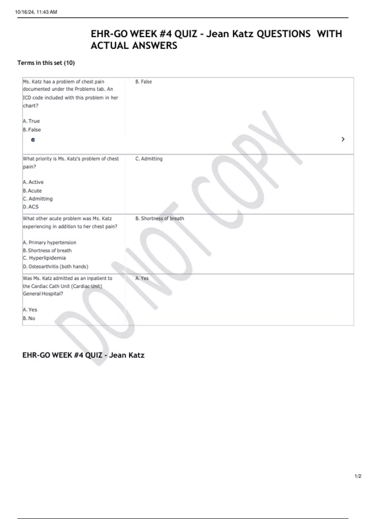 EHR-GO WEEK -4 QUIZ - Jean Katz QUESTIONS WITH ACTUAL ANSWERS - Biology ...