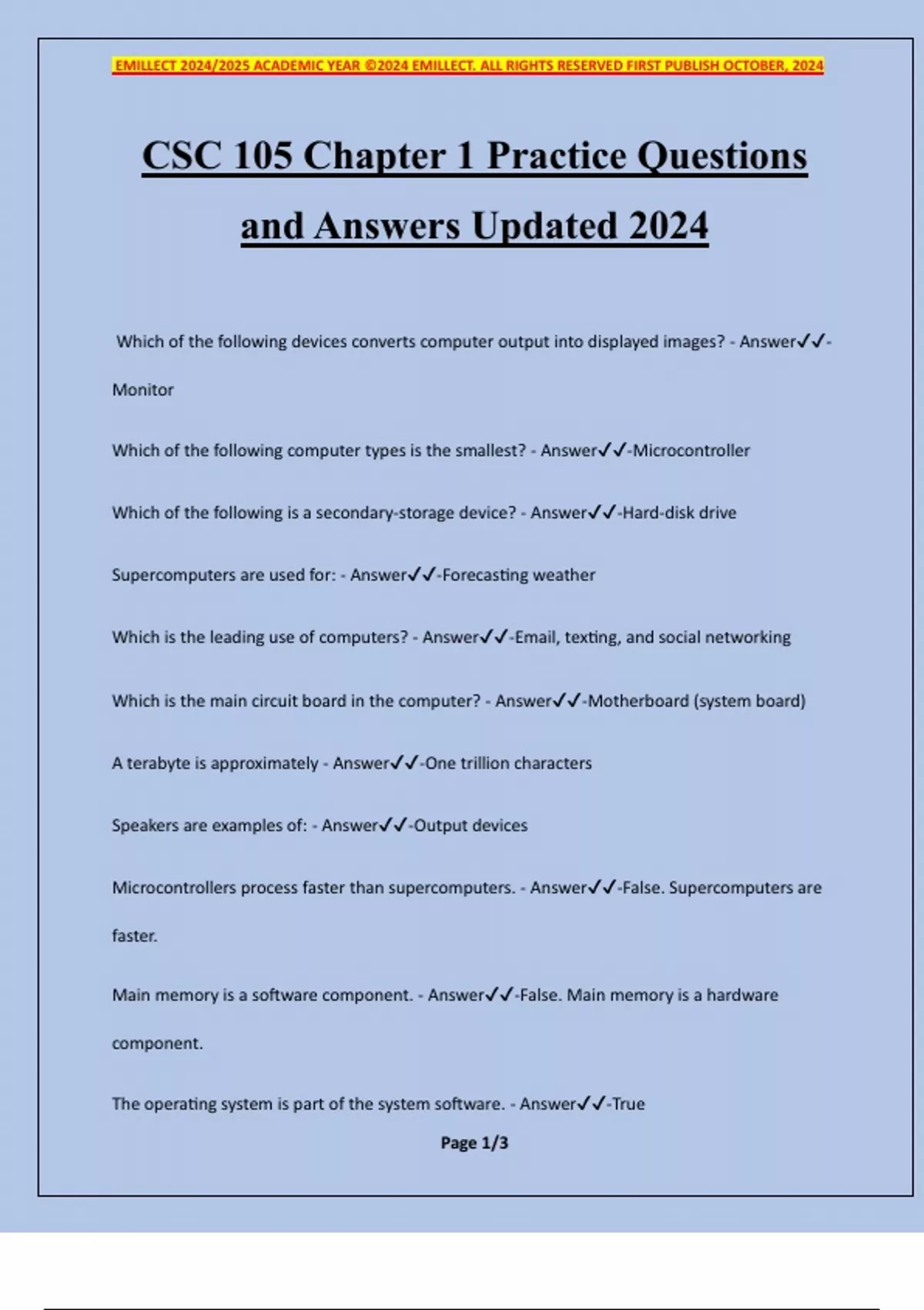 CSC 105 Chapter 1 Practice Questions and Answers Updated 2024 - 2024/2025 - Stuvia US