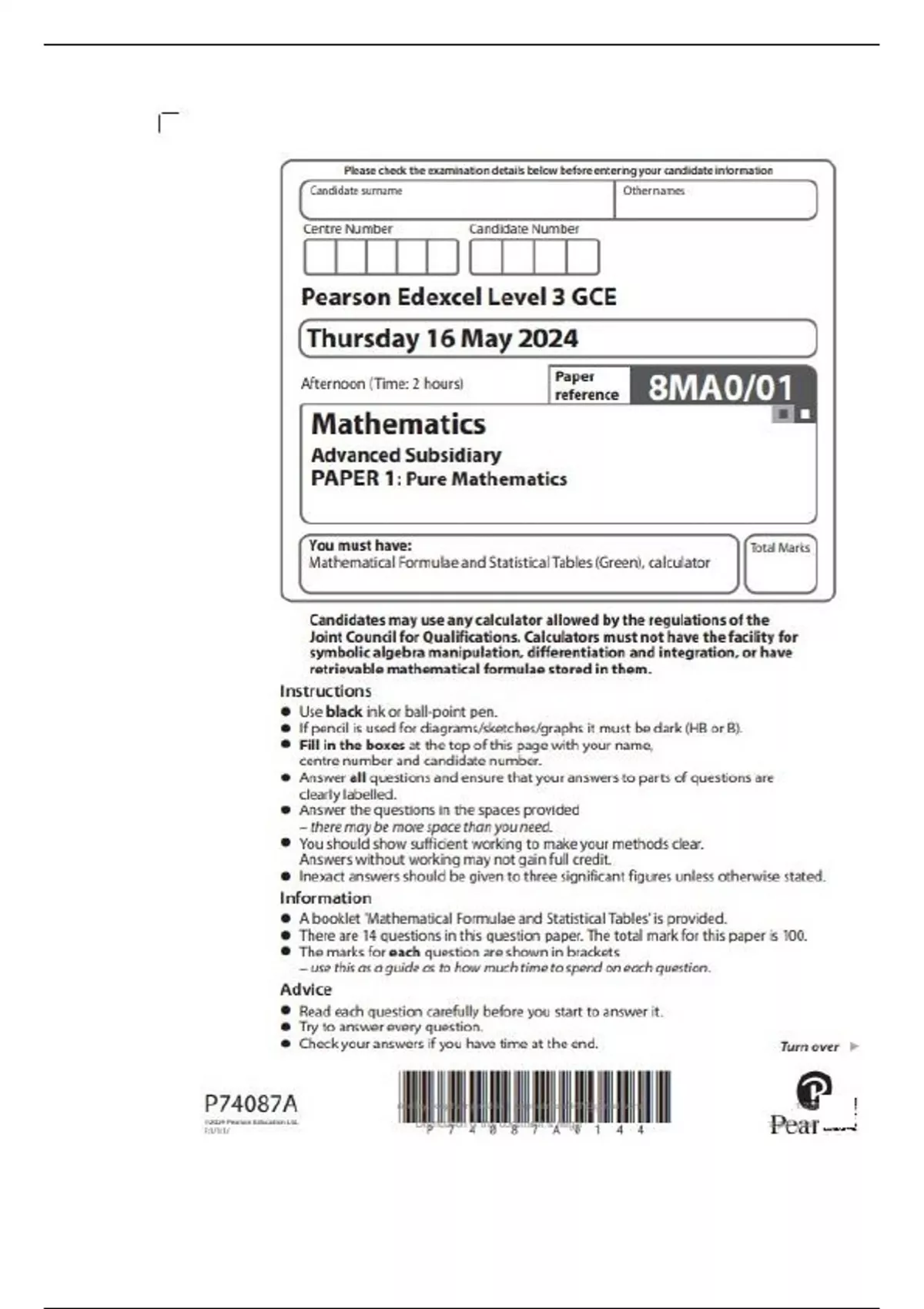 AS Level Edexcel Pure Mathematics Paper 1 2024 - PAPER 1 - Stuvia UK