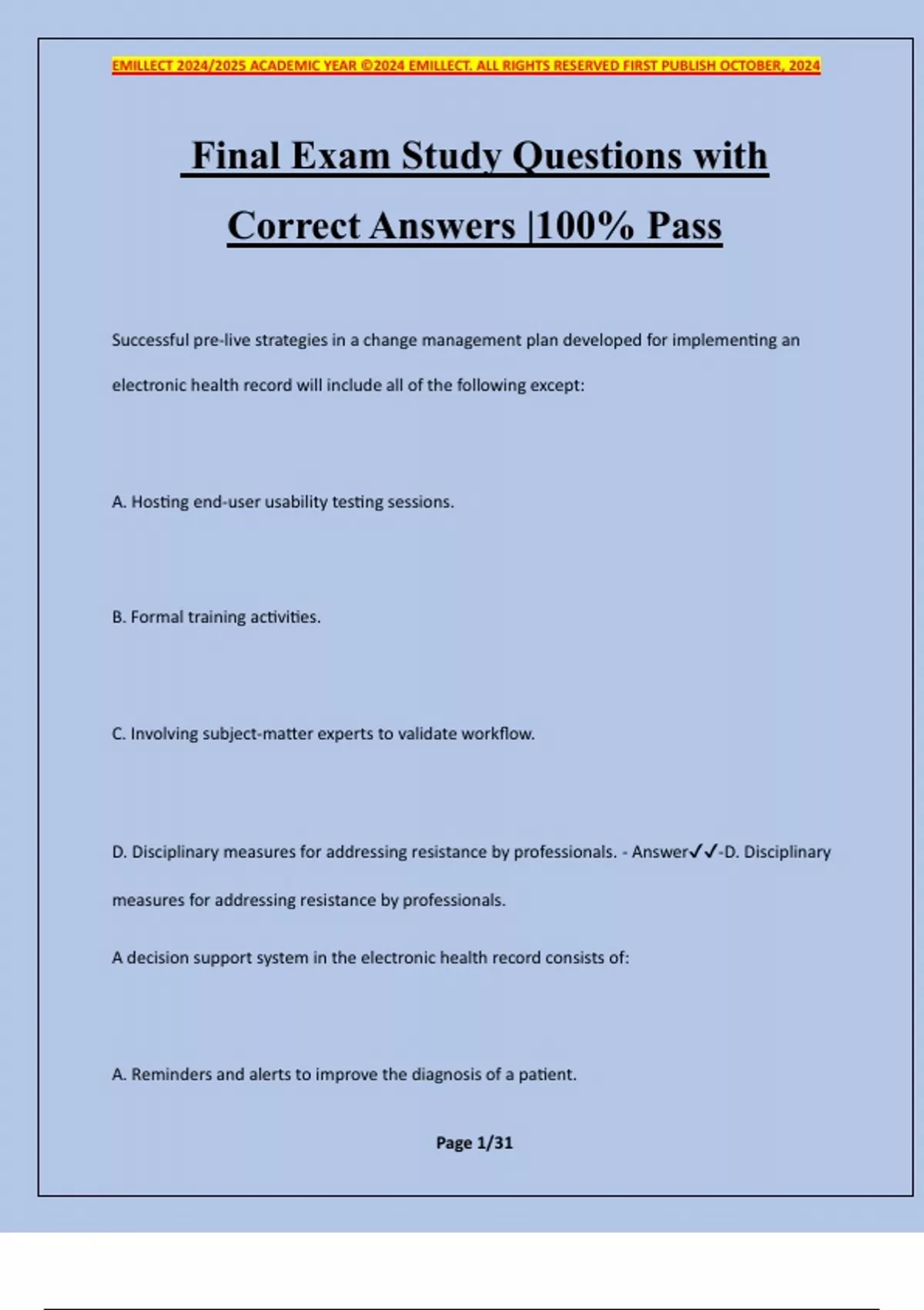 Final Exam Study Questions with Correct Answers |100% Pass - 2024/2025 ...
