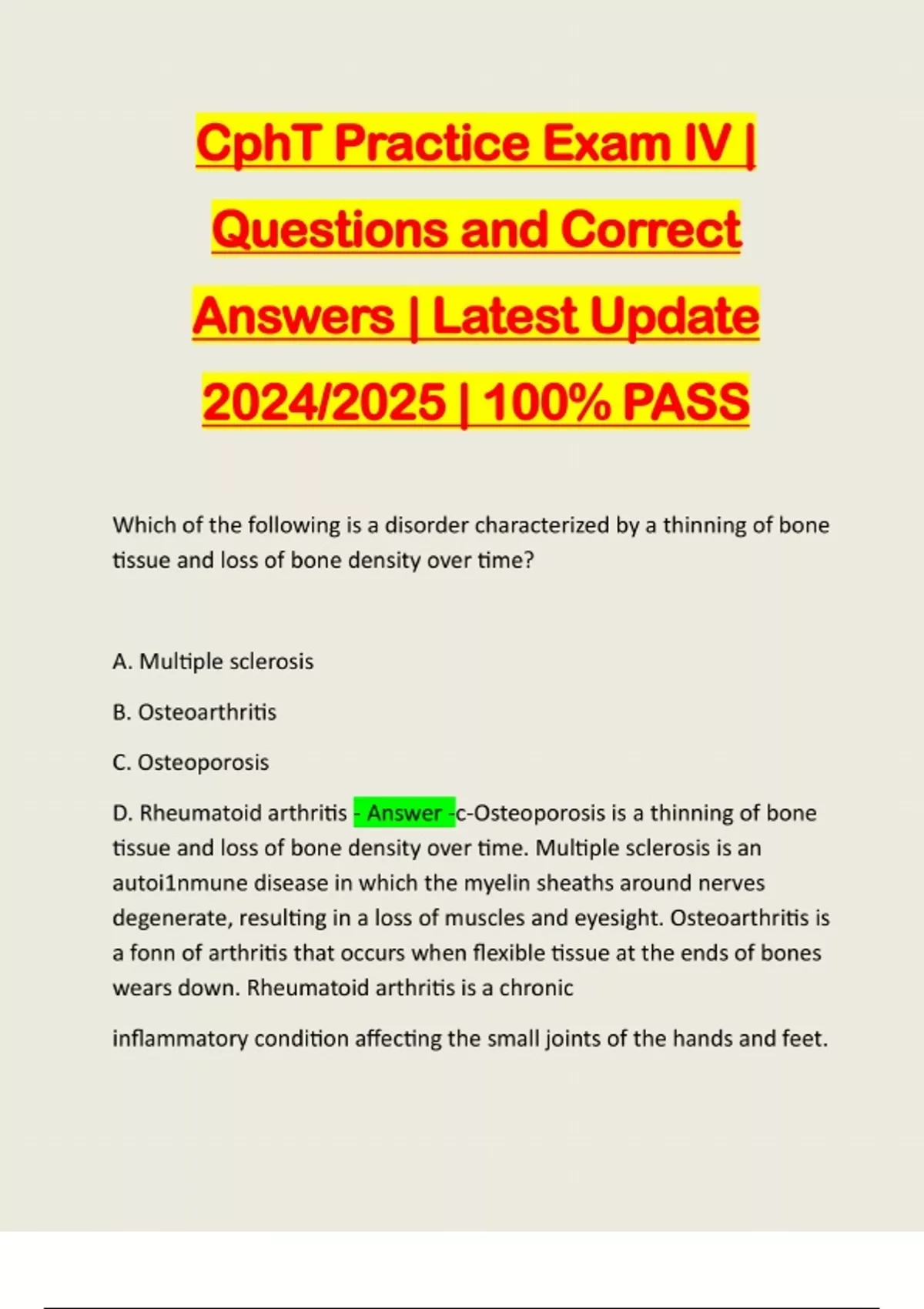 CphT Practice Exam IV | Questions and Correct Answers | Latest Update ...