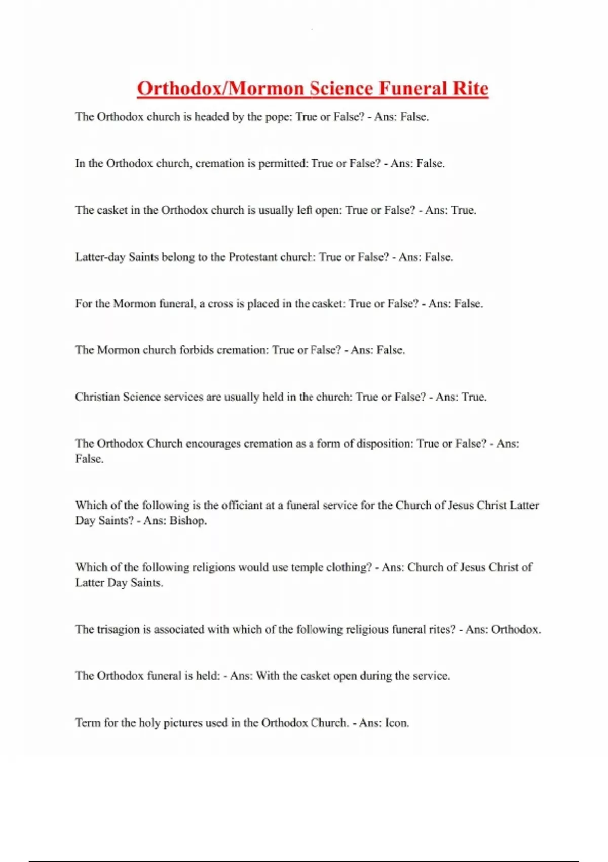 Thanatology: Orthodox/Mormon Funeral Quiz with Solutions - Thanatology ...