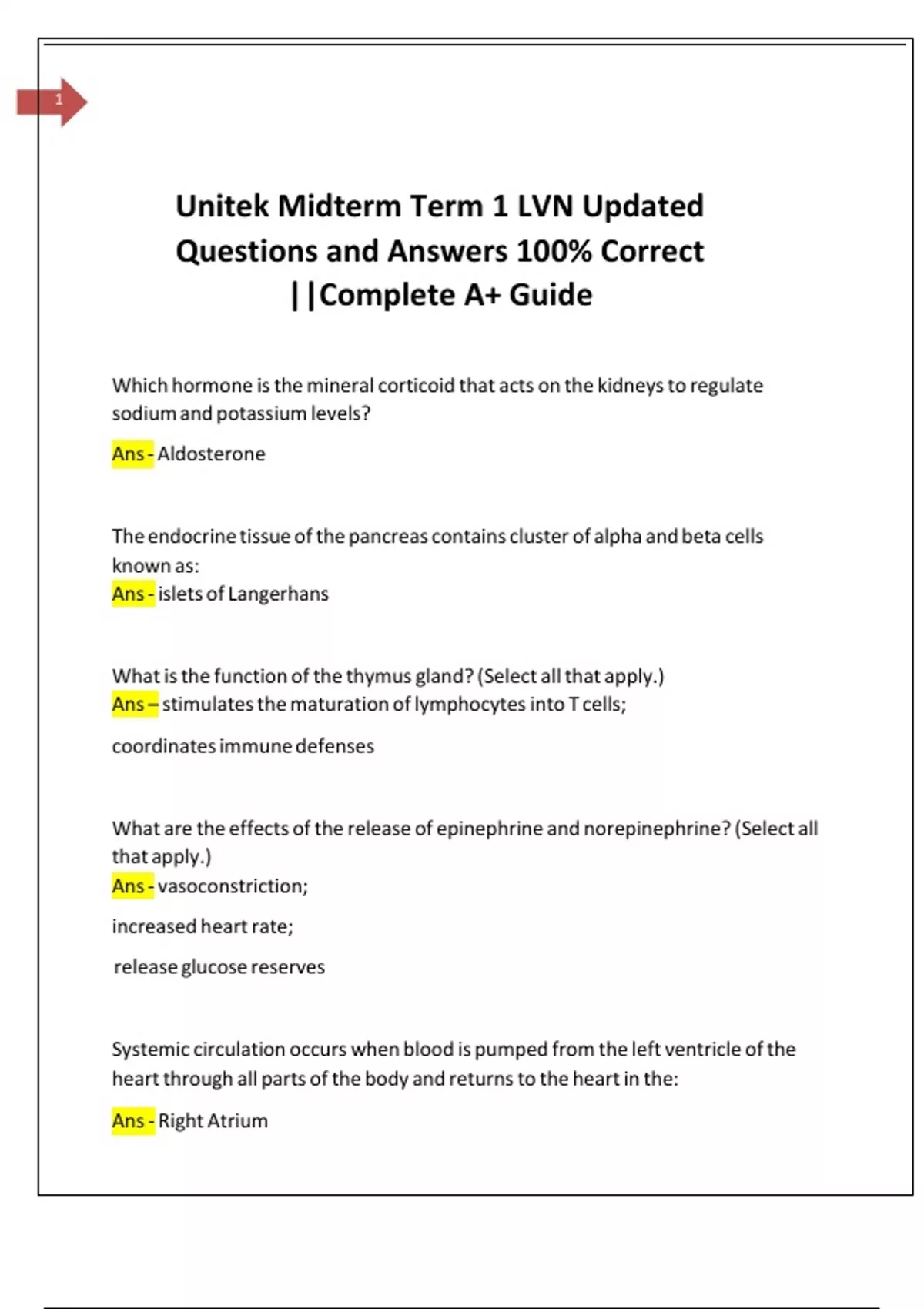 Unitek Midterm Term 1 LVN Updated Questions and Answers 100% Correct ...