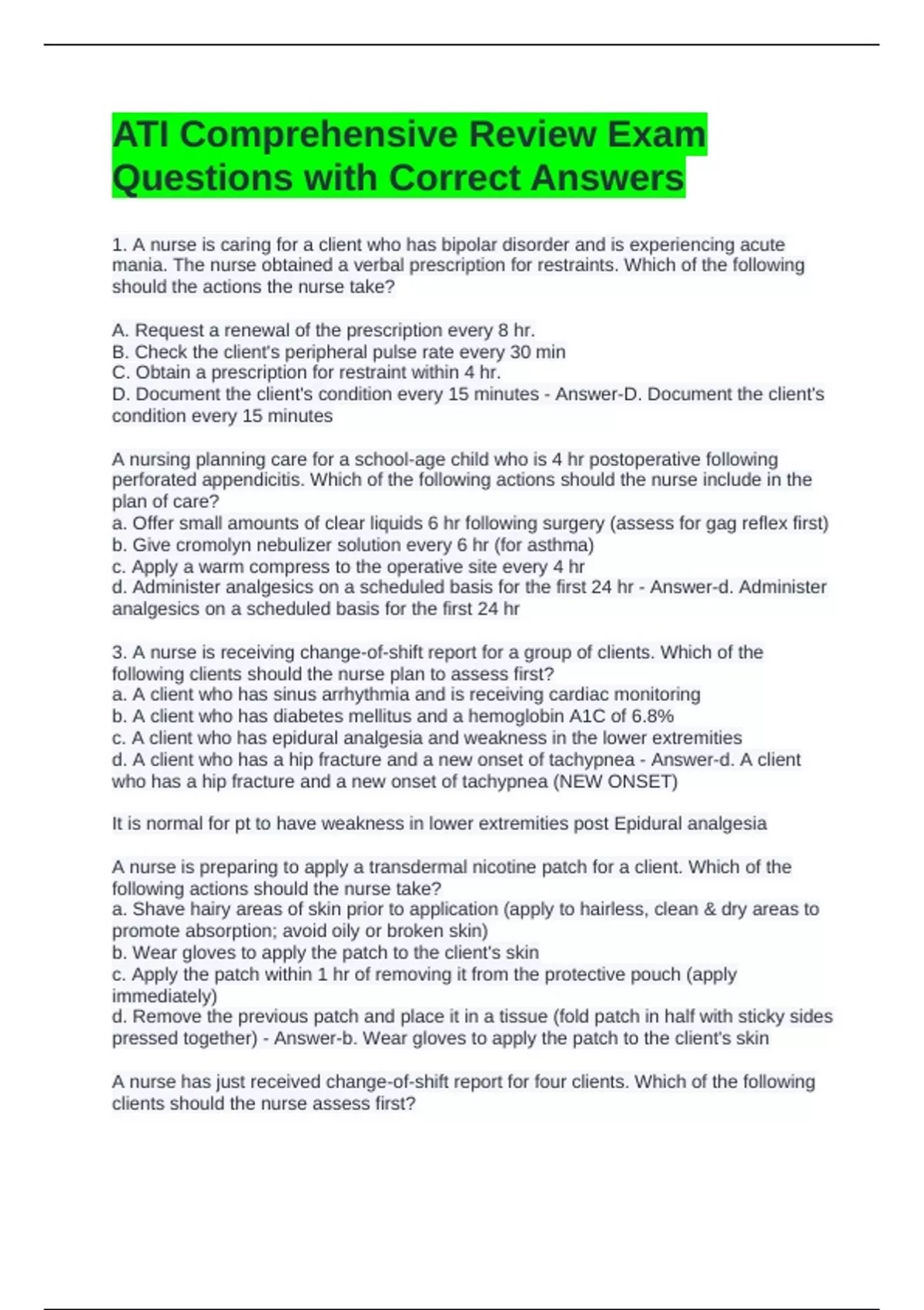 ATI Comprehensive Review Exam Questions with Correct Answers - RN ...