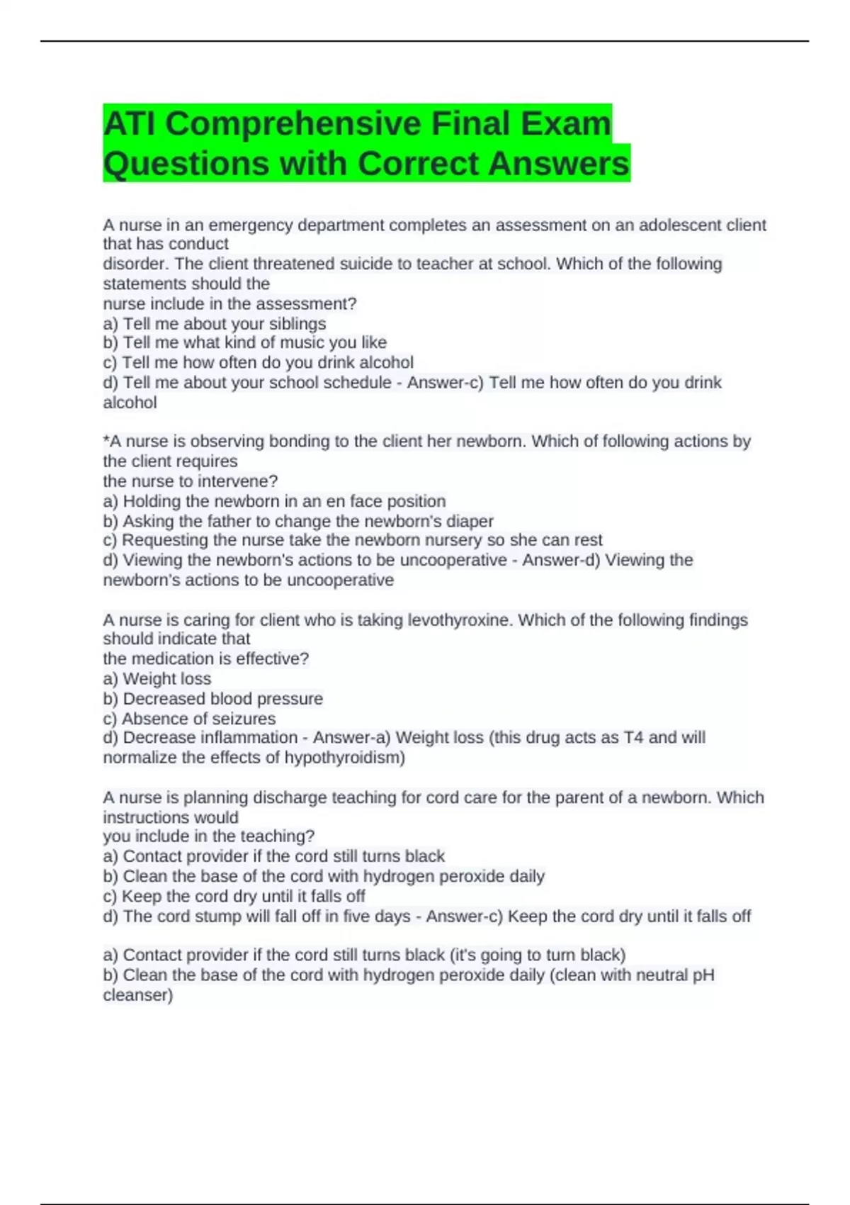 ATI Comprehensive Final Exam Questions with Correct Answers - RN Comprehensive - Stuvia US