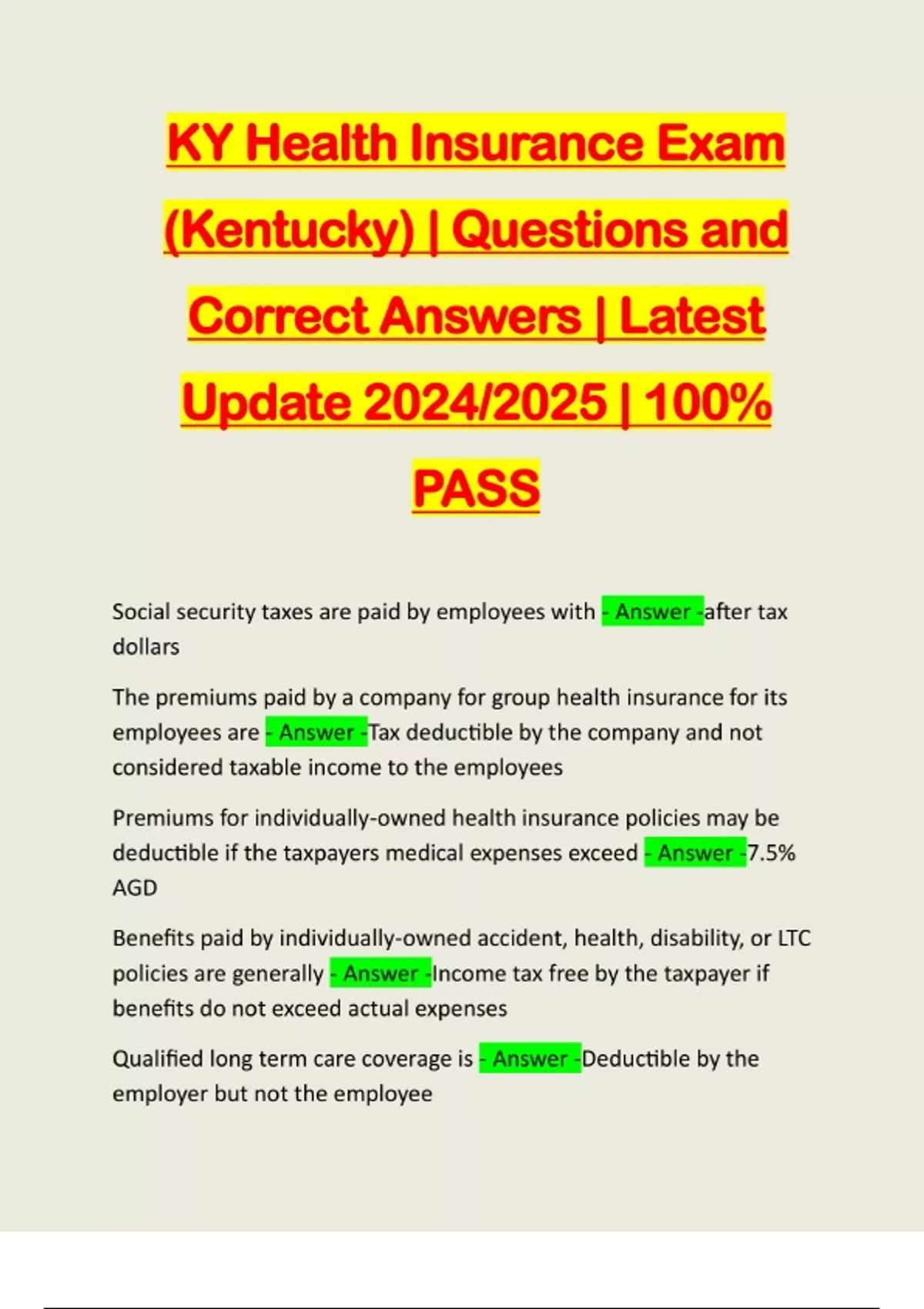 KY Health Insurance Exam (Kentucky) | Questions and Correct Answers ...