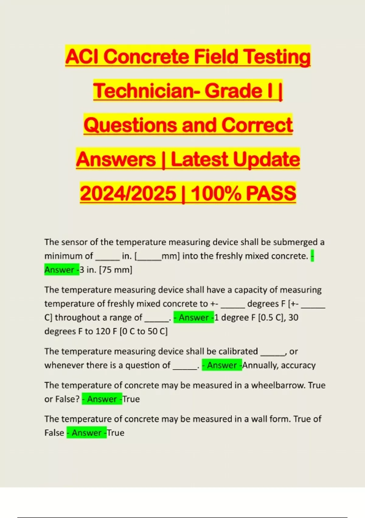 ACI Concrete Field Testing Technician- Grade I | Questions and Correct ...