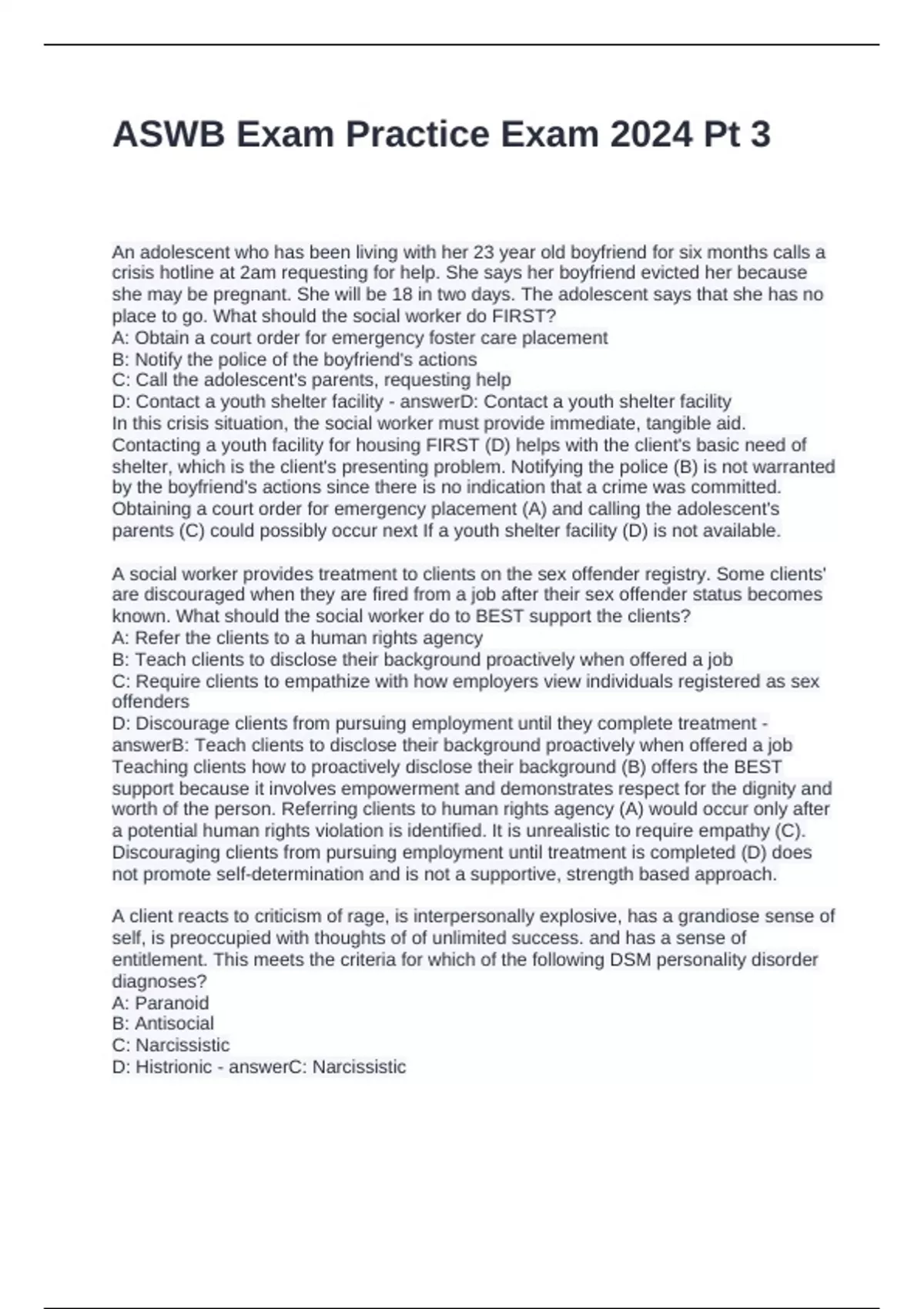 ASWB Exam Practice Exam 2024 Pt 3 Questions and Answers - ASWB - Stuvia US