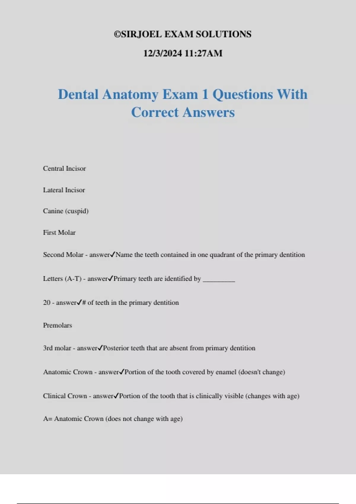 Dental Anatomy Exam 1 Questions With Correct Answers - Dental Anatomy ...