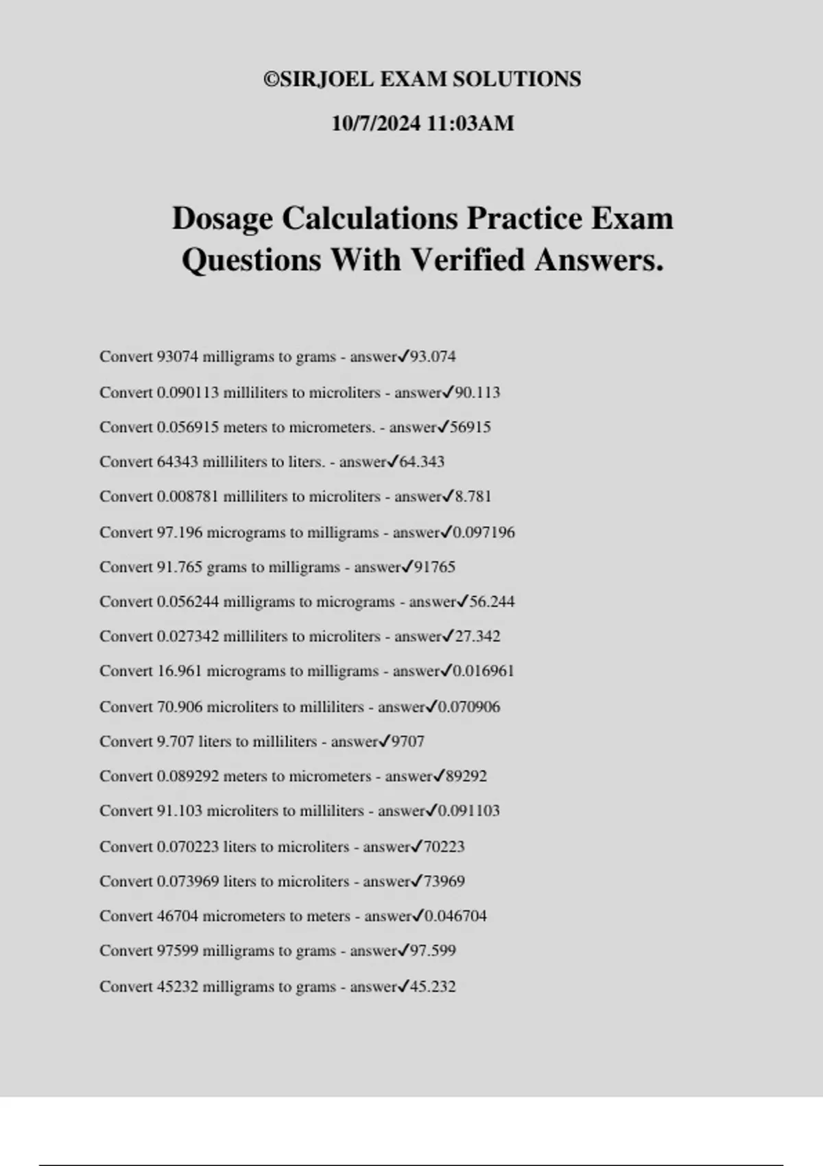 Dosage Calculations Practice Exam Questions With Verified Answers ...