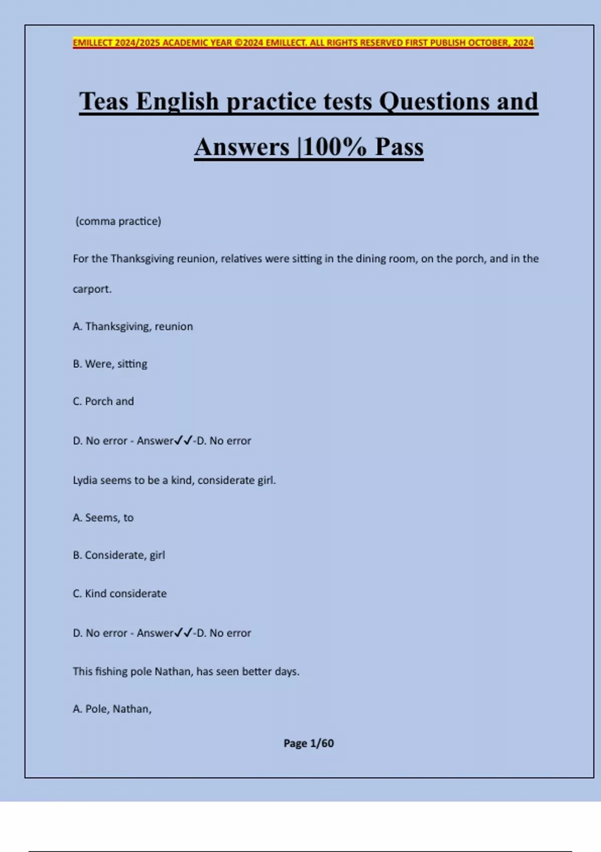 Teas English practice tests Questions and Answers |100% Pass - 2024/ ...