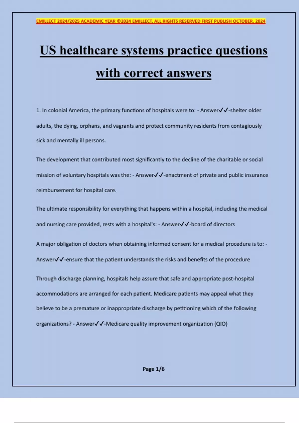US healthcare systems practice questions with correct answers - 2024/ ...