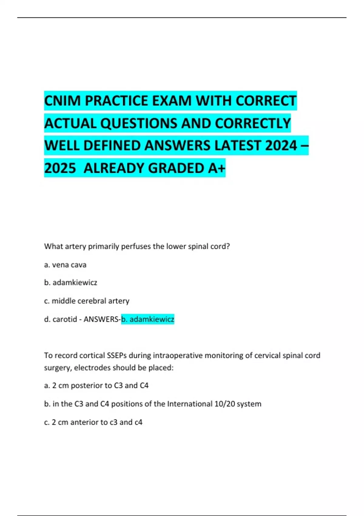 CNIM PRACTICE EXAM WITH CORRECT ACTUAL QUESTIONS AND CORRECTLY WELL ...