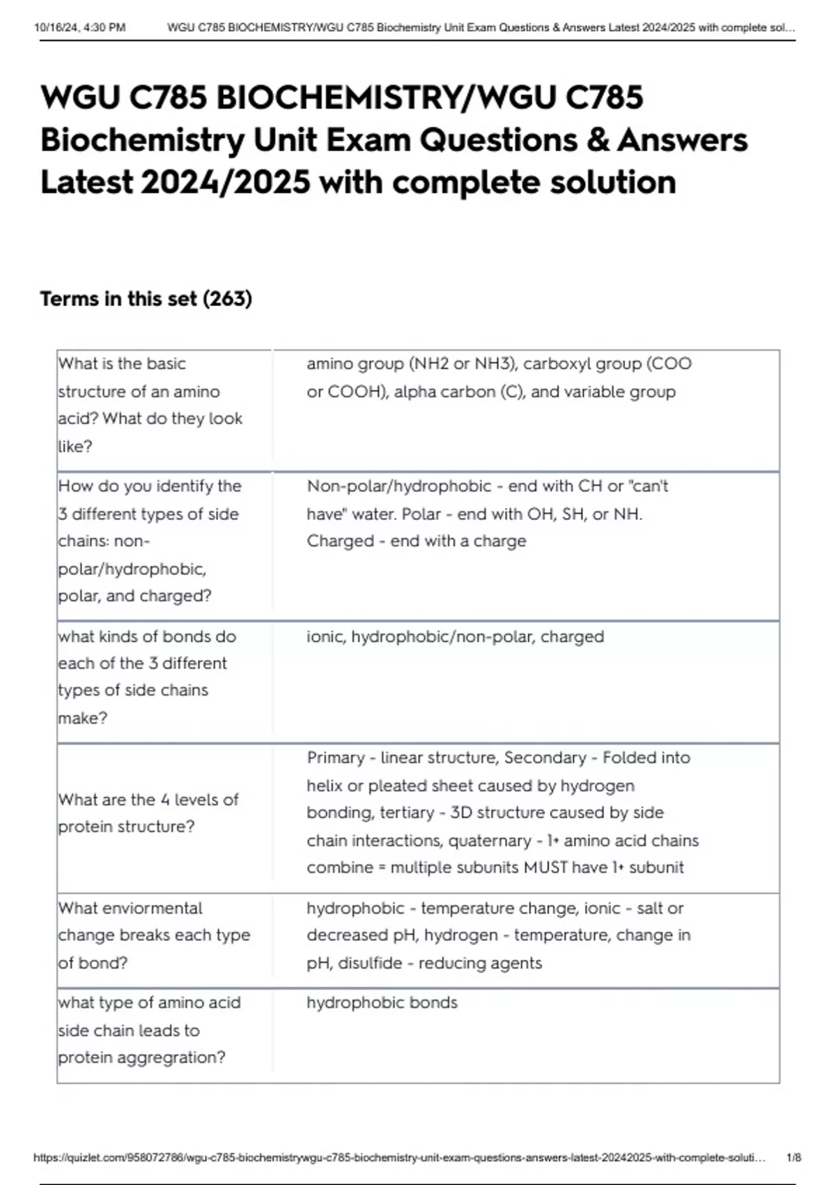 WGU C785 BIOCHEMISTRY/WGU C785 Biochemistry Unit Exam Questions ...
