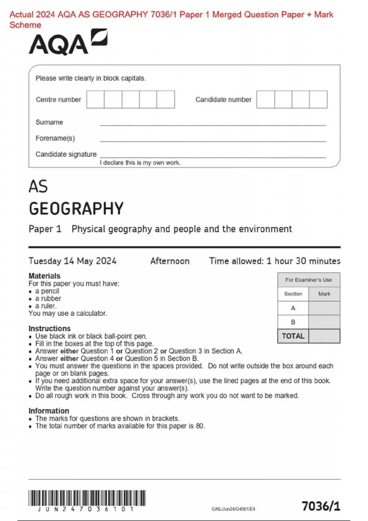Actual 2024 AQA AS GEOGRAPHY Merged Question Papers and Mark Schemes ...