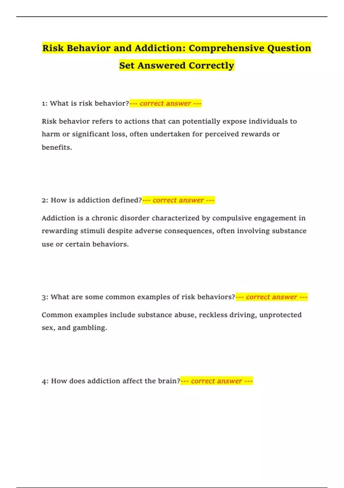 Risk Behavior and Addiction: Comprehensive Question Set Answered ...