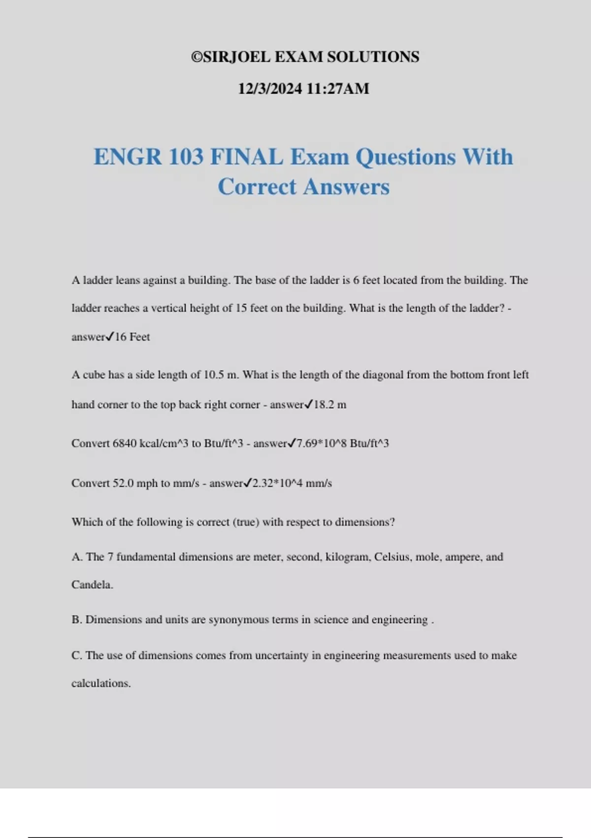 ENGR 103 FINAL Exam Questions With Correct Answers - Engr 103 - Stuvia US
