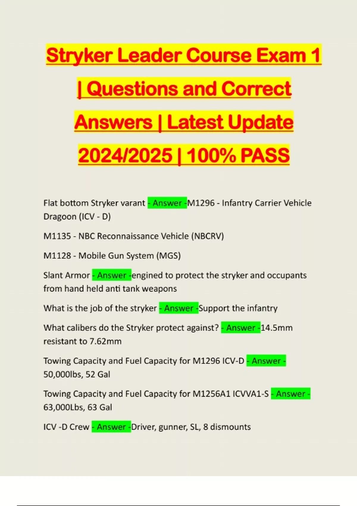 Stryker Leader Course Exam 1 | Questions and Correct Answers | Latest ...