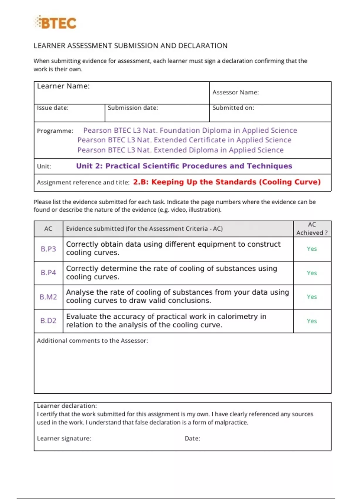 Summary Unit 2B applied science level 3 foundation diploma distinction level - Unit 2- Practical ...