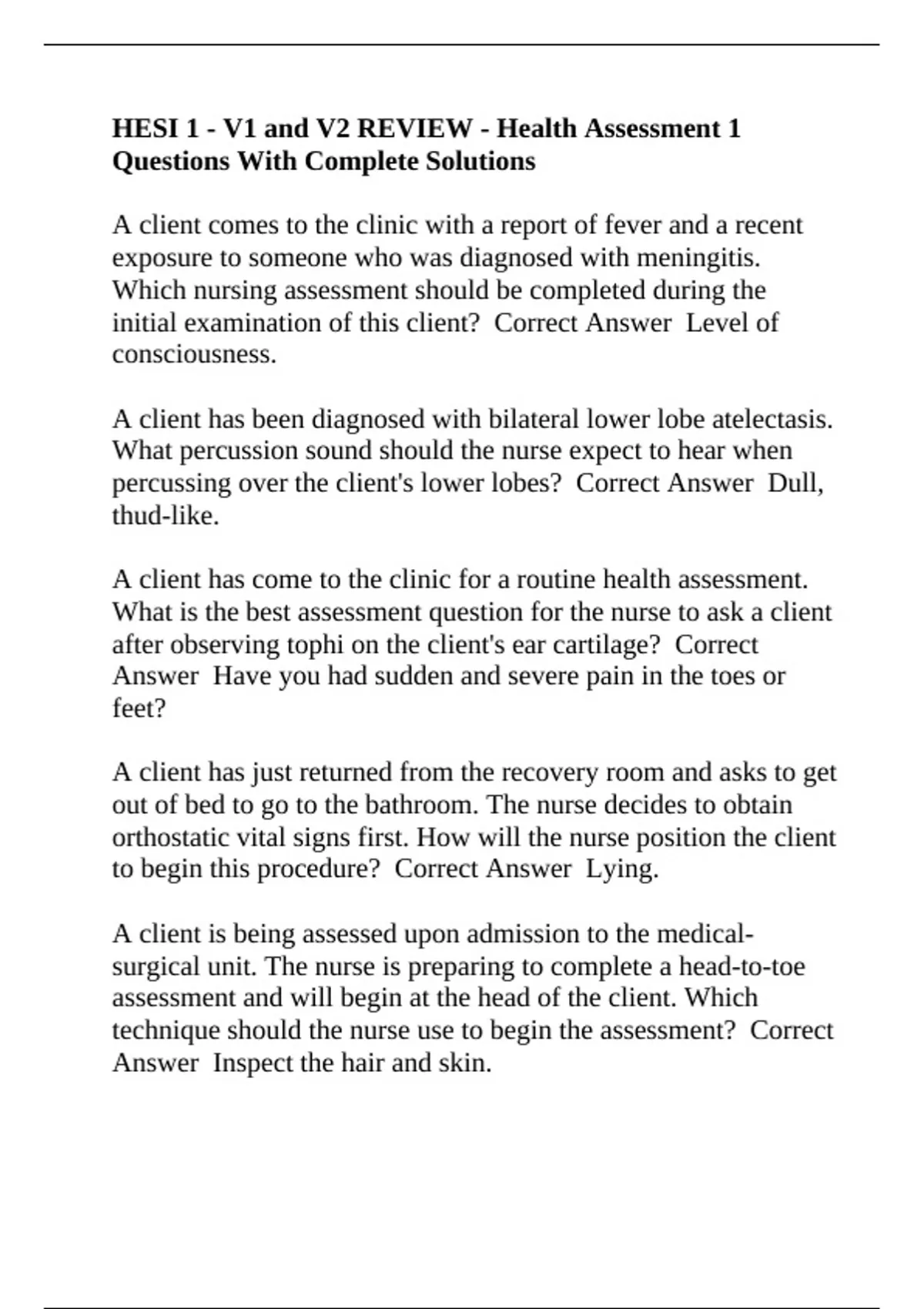 HESI 1 - V1 and V2 REVIEW - Health Assessment 1 Questions With Complete ...