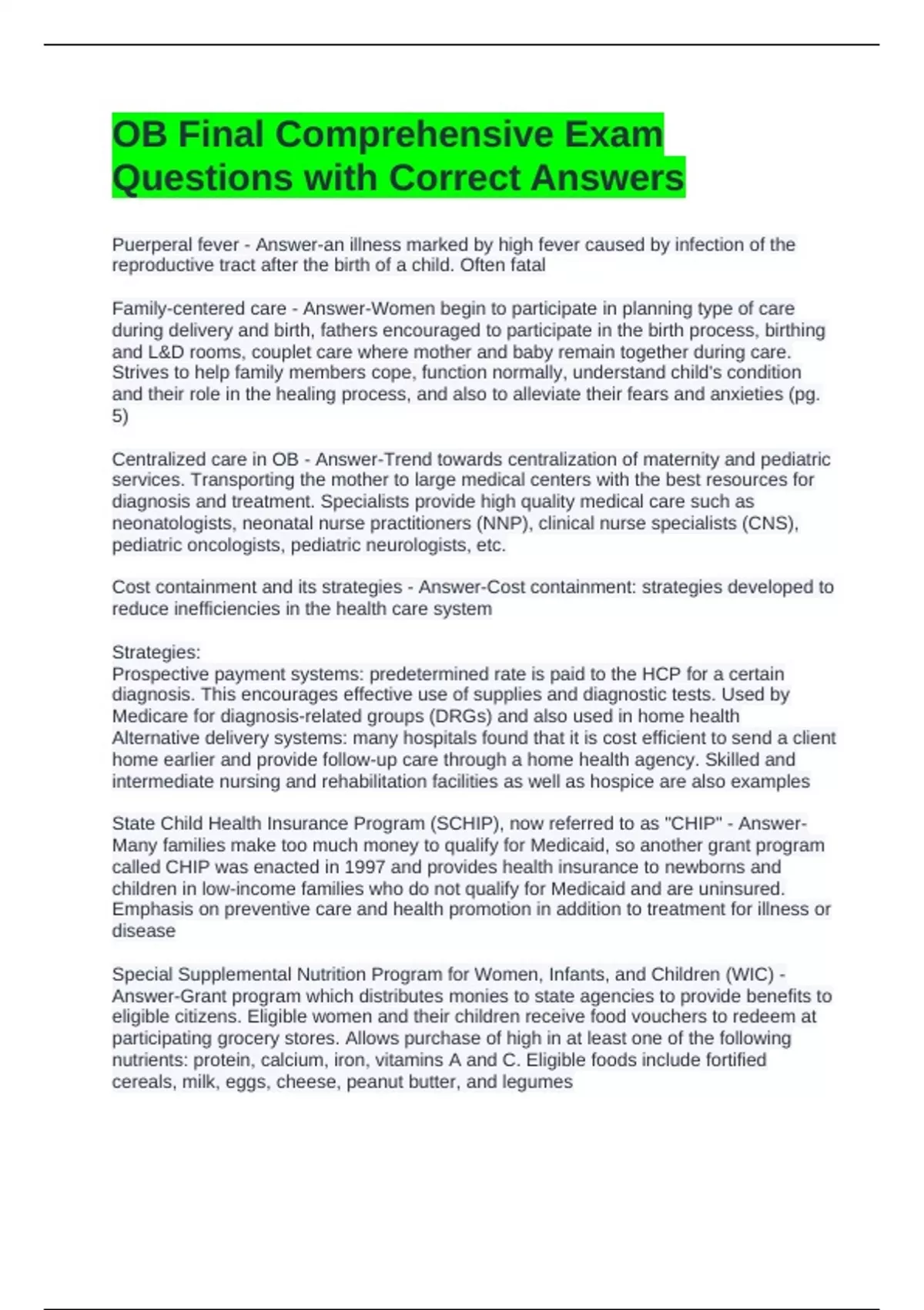 OB Final Comprehensive Exam Questions with Correct Answers - RN ...