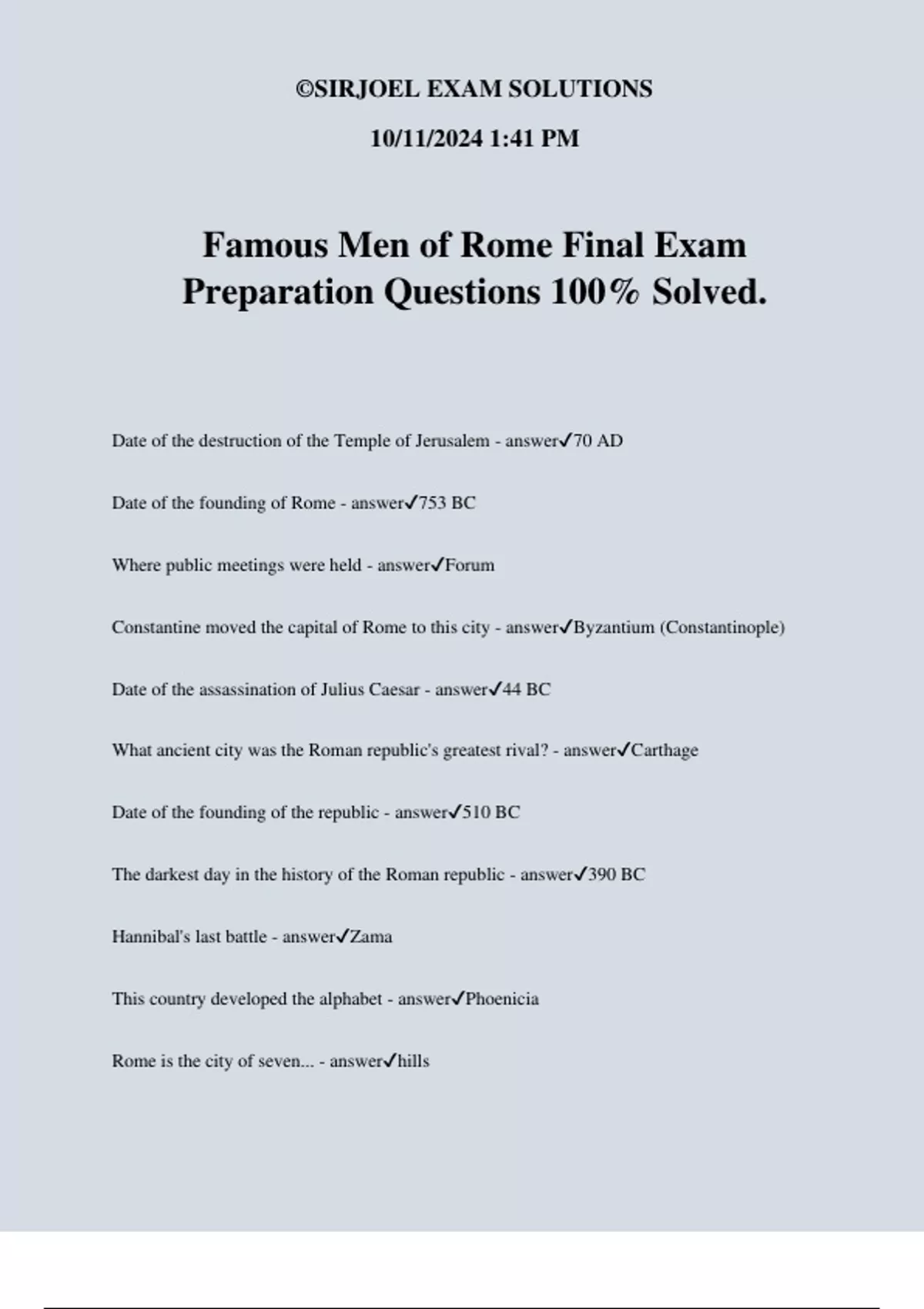 Famous Men of Rome Final Exam Preparation Questions 100% Solved ...