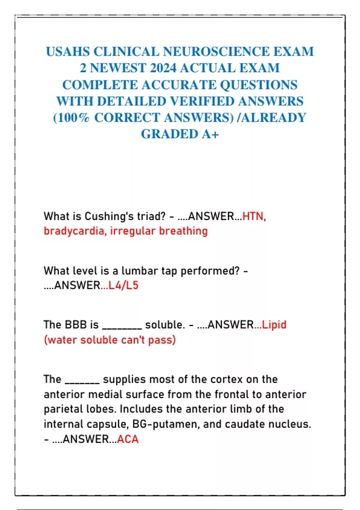 USAHS CLINICAL NEUROSCIENCE EXAM 2 NEWEST 2024 ACTUAL EXAM COMPLETE ...