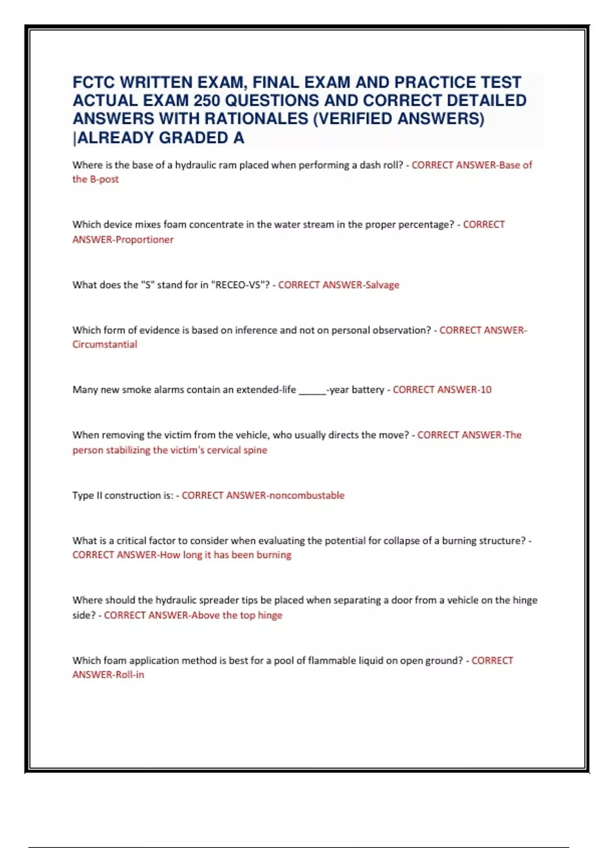 FCTC WRITTEN EXAM, FINAL EXAM AND PRACTICE TEST ACTUAL EXAM 250 ...