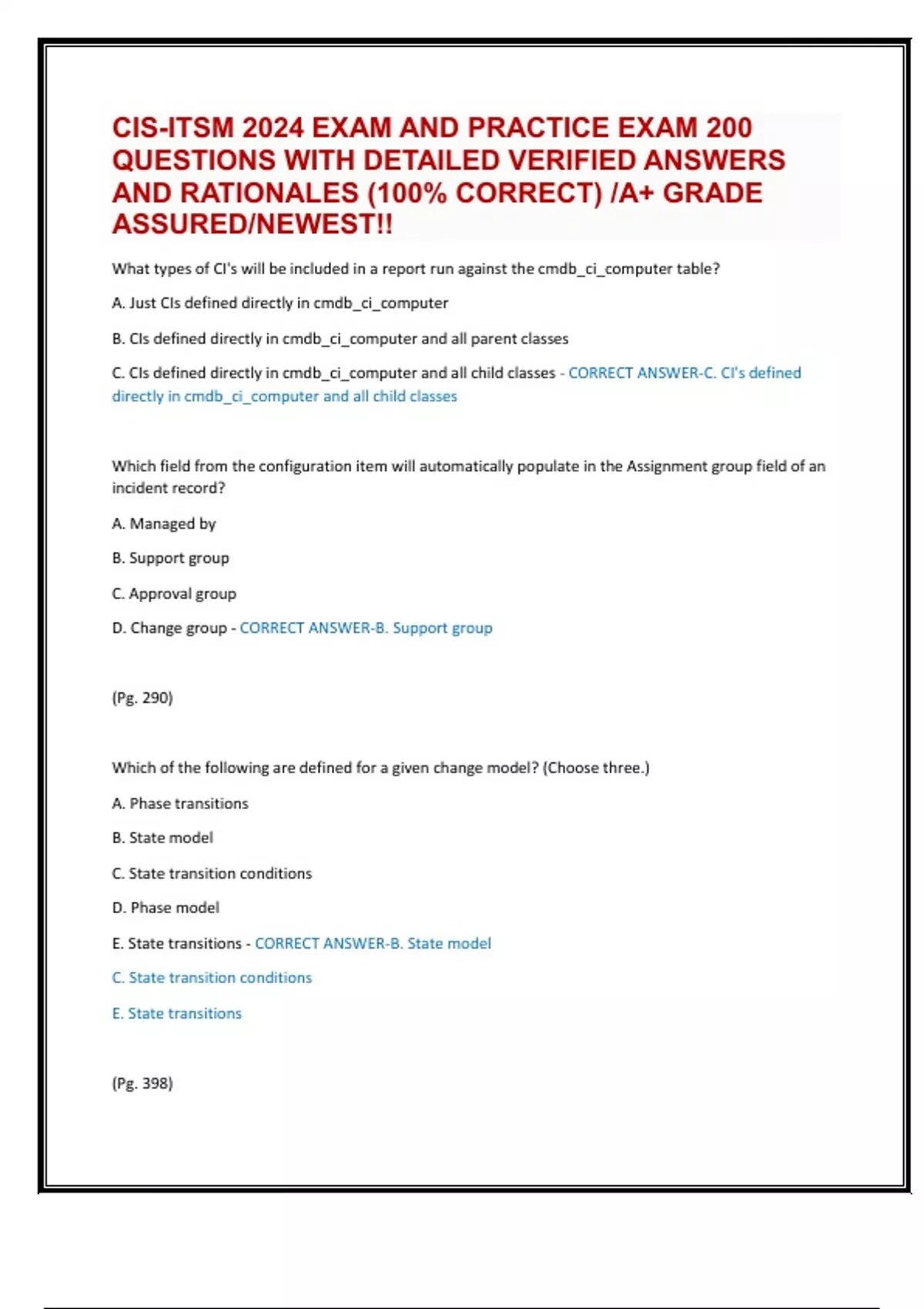 CIS-ITSM 2024 EXAM AND PRACTICE EXAM 200 QUESTIONS WITH DETAILED VERIFIED ANSWERS AND RATIONALES ...