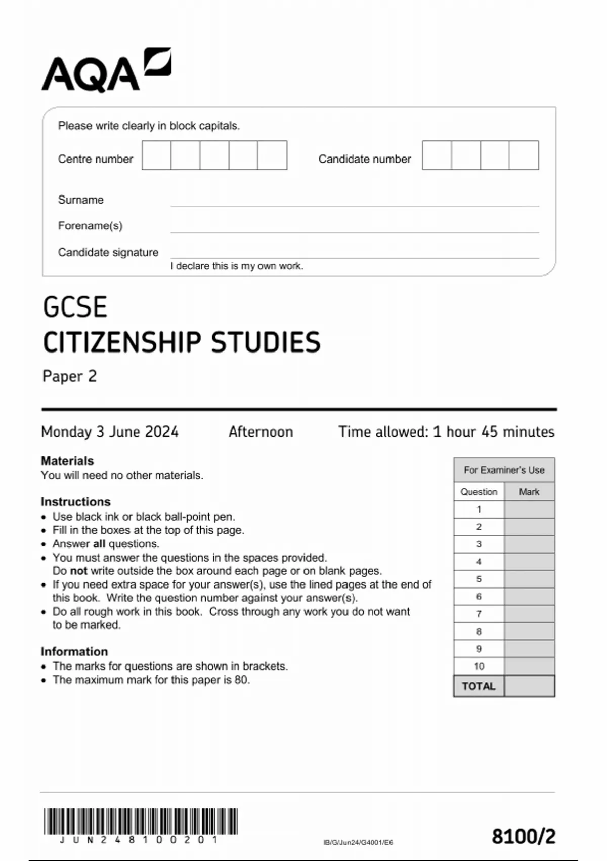 AQA GCSE CITIZENSHIP STUDIES PAPER 2 QUESTION PAPER 2024 (8100/2) - AQA ...