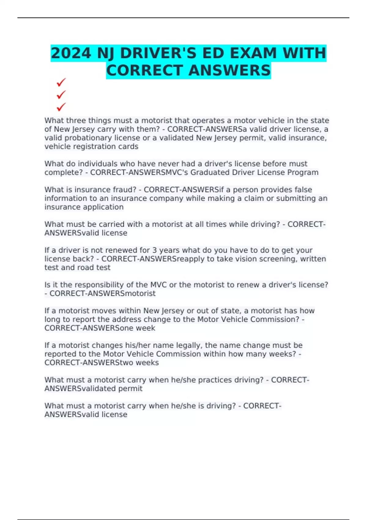 2024 NJ DRIVER'S ED EXAM WITH CORRECT ANSWERS - NJ DRIVER\\\'S ED ...