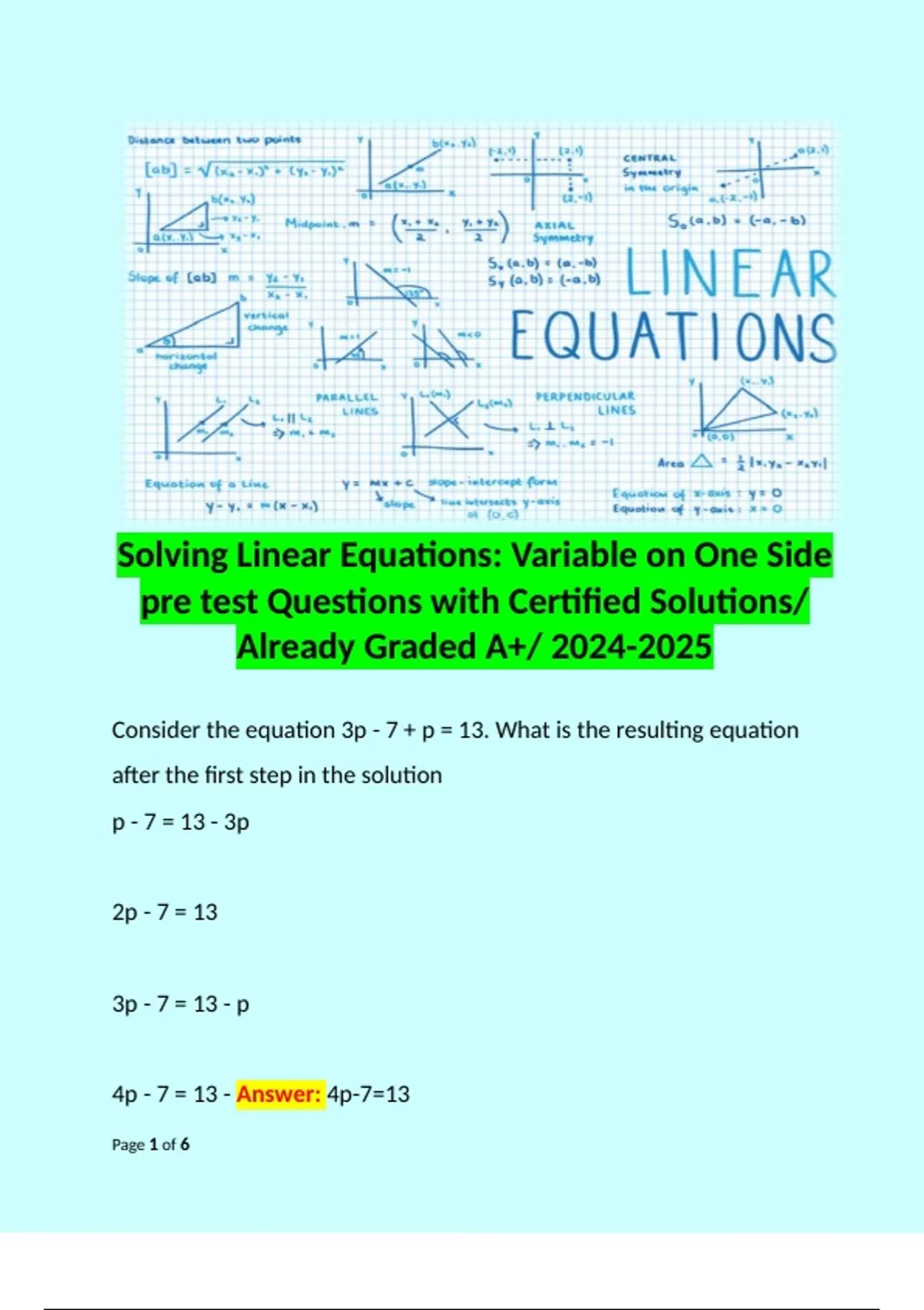 Solving Linear Equations: Variable on One Side pre test Questions with ...