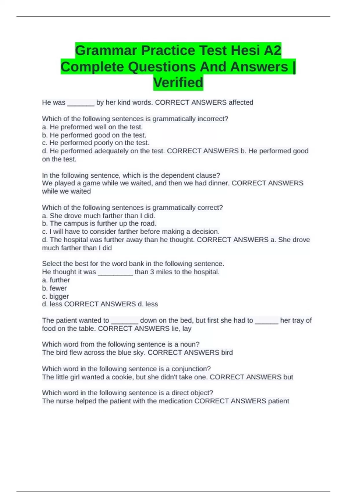 Grammar Practice Test Hesi A2 Complete Questions And Answers | Verified ...