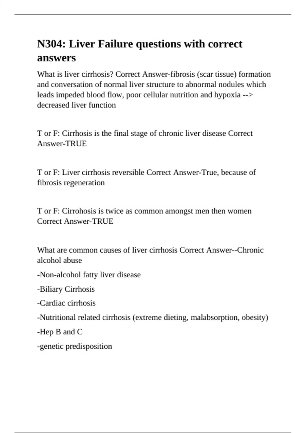 N304: Liver Failure questions with correct answers - Nurs 304 - Stuvia US