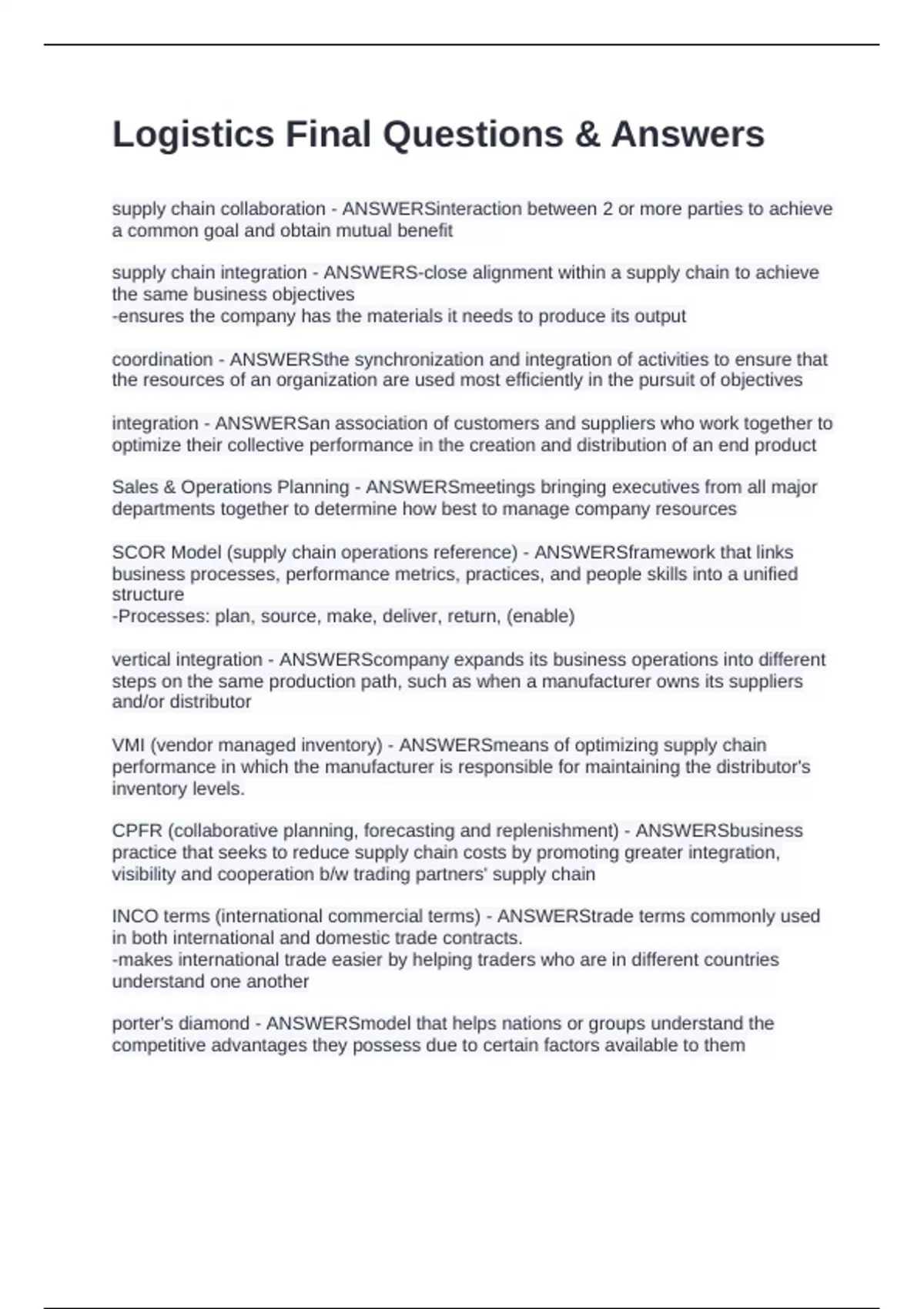 Logistics Final Questions & Answers - Logistics - Stuvia US