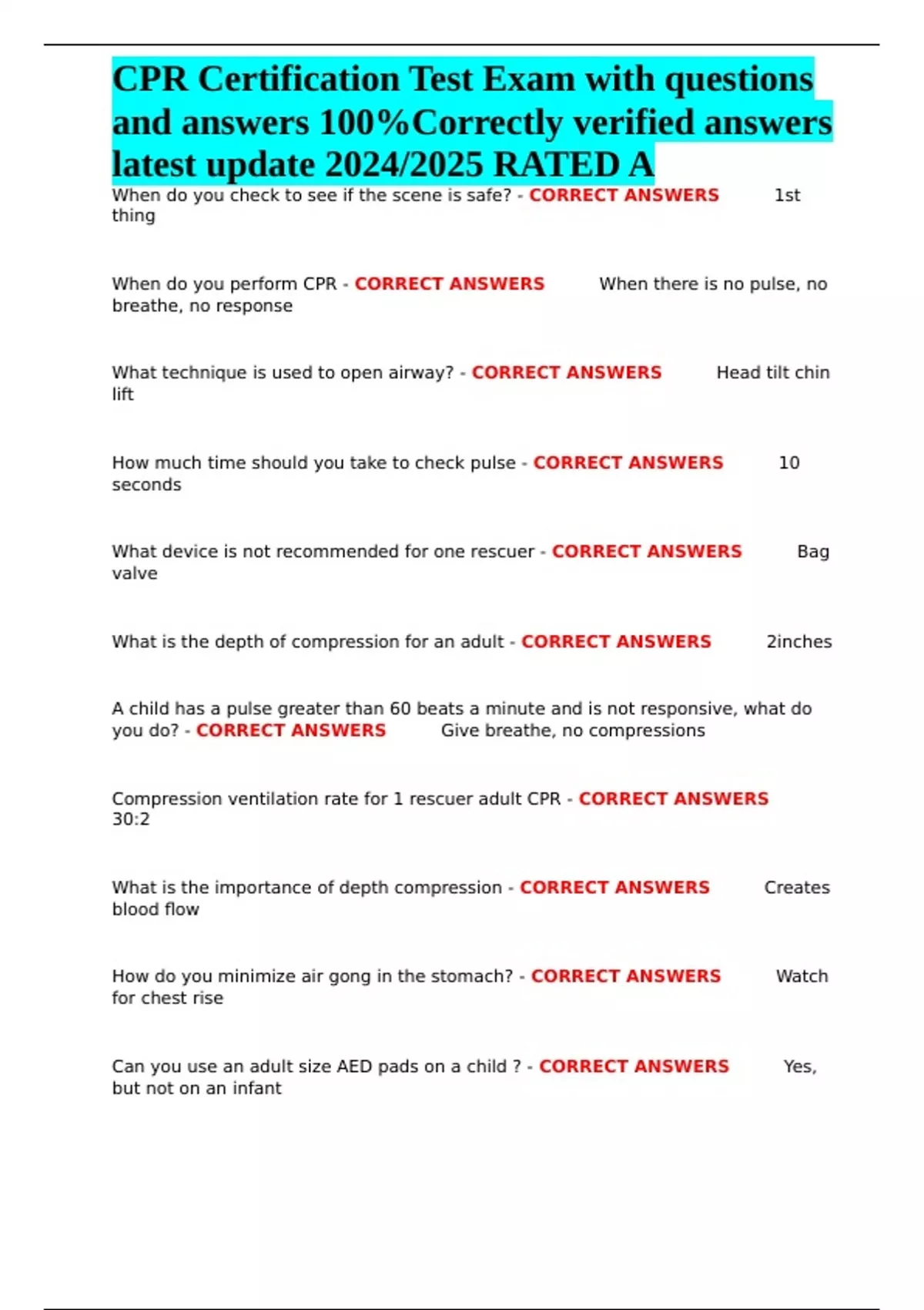 CPR Certification Test Exam with questions and answers 100%Correctly ...