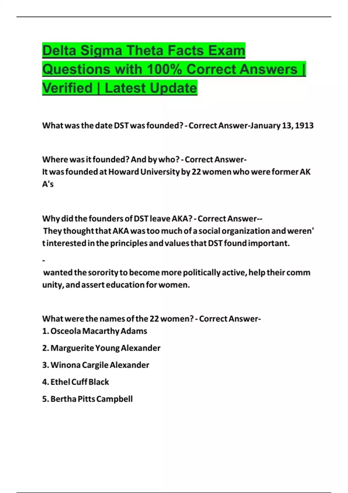 Delta Sigma Theta Facts Exam Questions with 100% Correct Answers ...