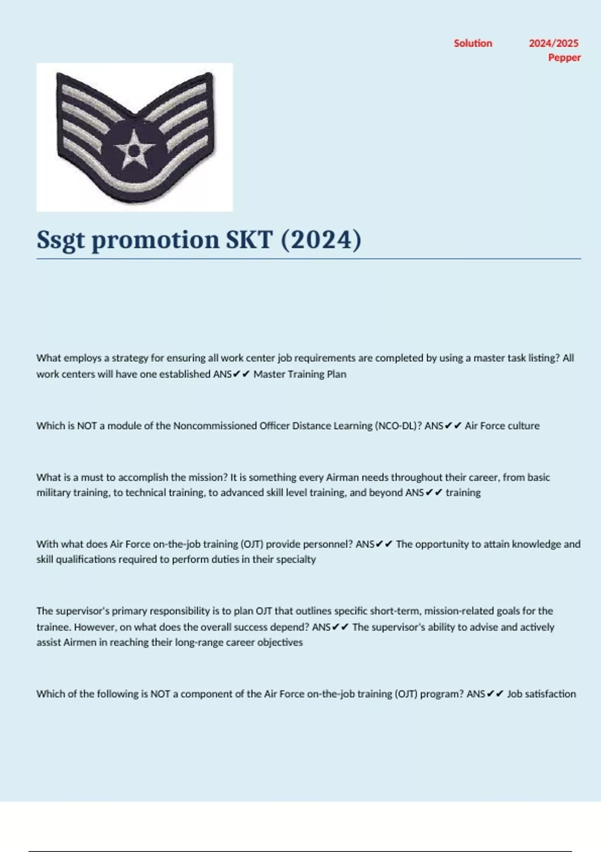 Ssgt promotion SKT (2024) With complete solutions - SSgt - Stuvia US
