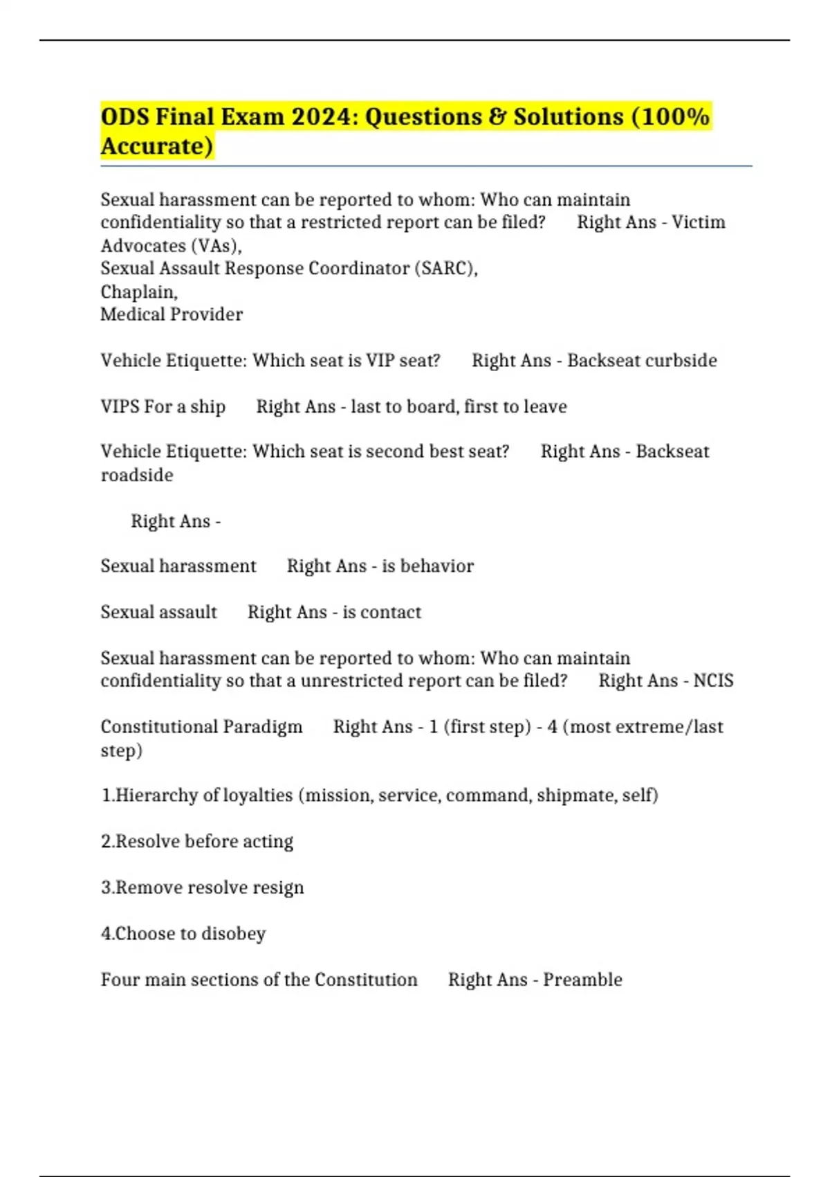 ODS Final Exam 2024: Questions & Solutions (100% Accurate) - NAVY ODS - Stuvia US