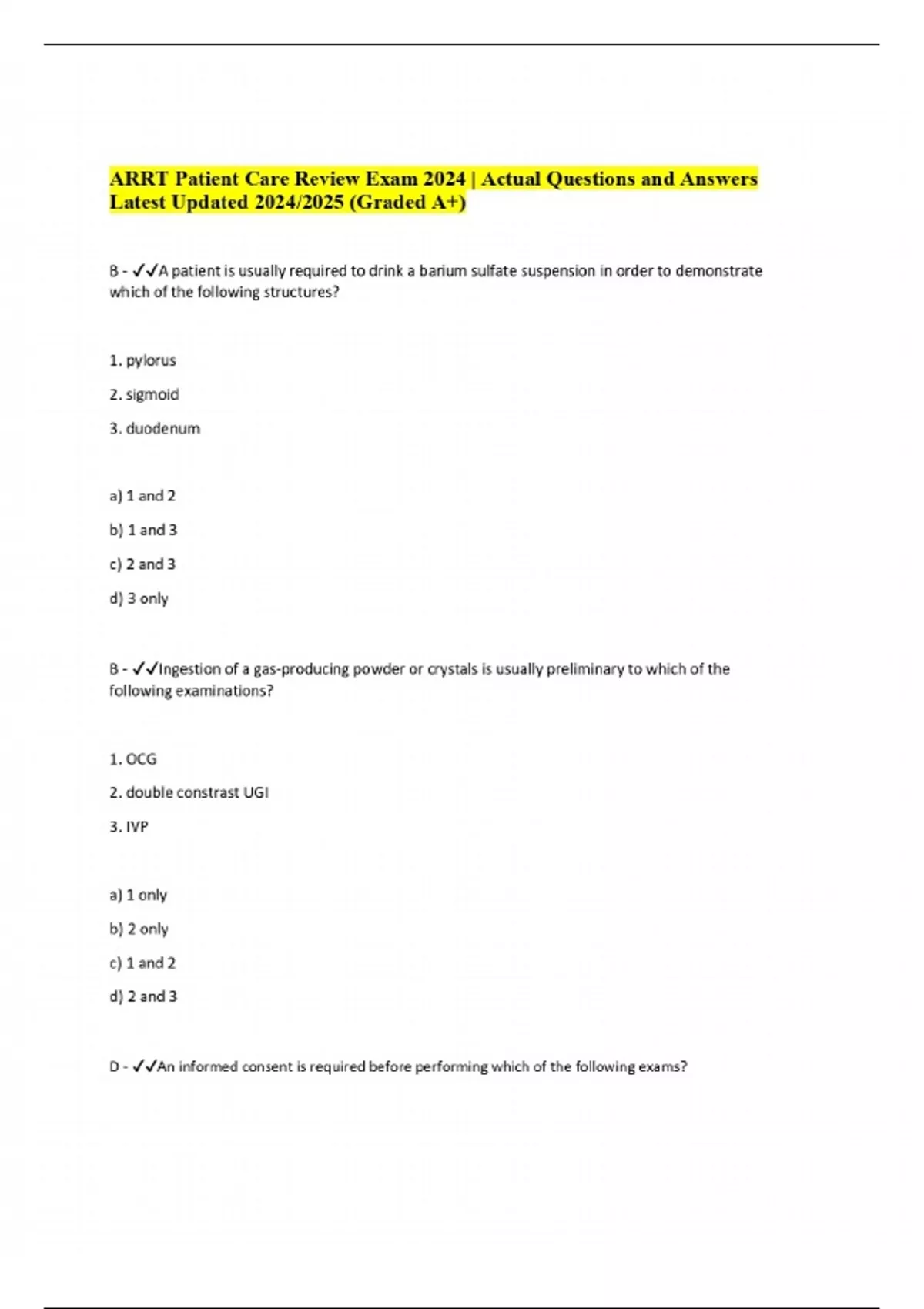 ARRT Patient Care Review Exam 2024 | Actual Questions and Answers ...