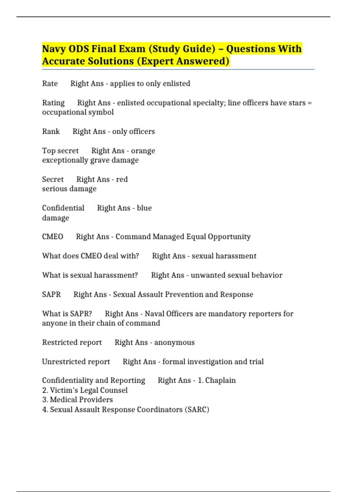 Navy ODS Final Exam (Study Guide) – Questions With Accurate Solutions (Expert Answered) - NAVY ...