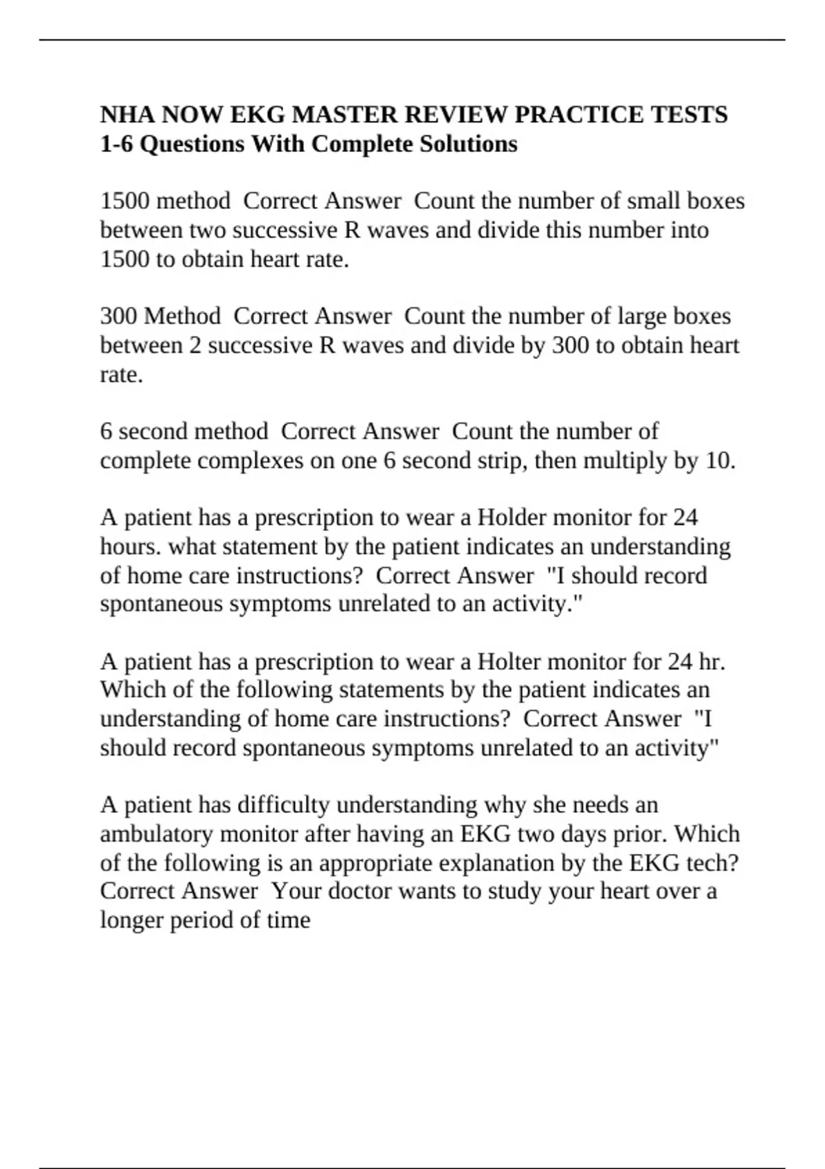 NHA NOW EKG MASTER REVIEW PRACTICE TESTS 1-6 Questions With Complete ...