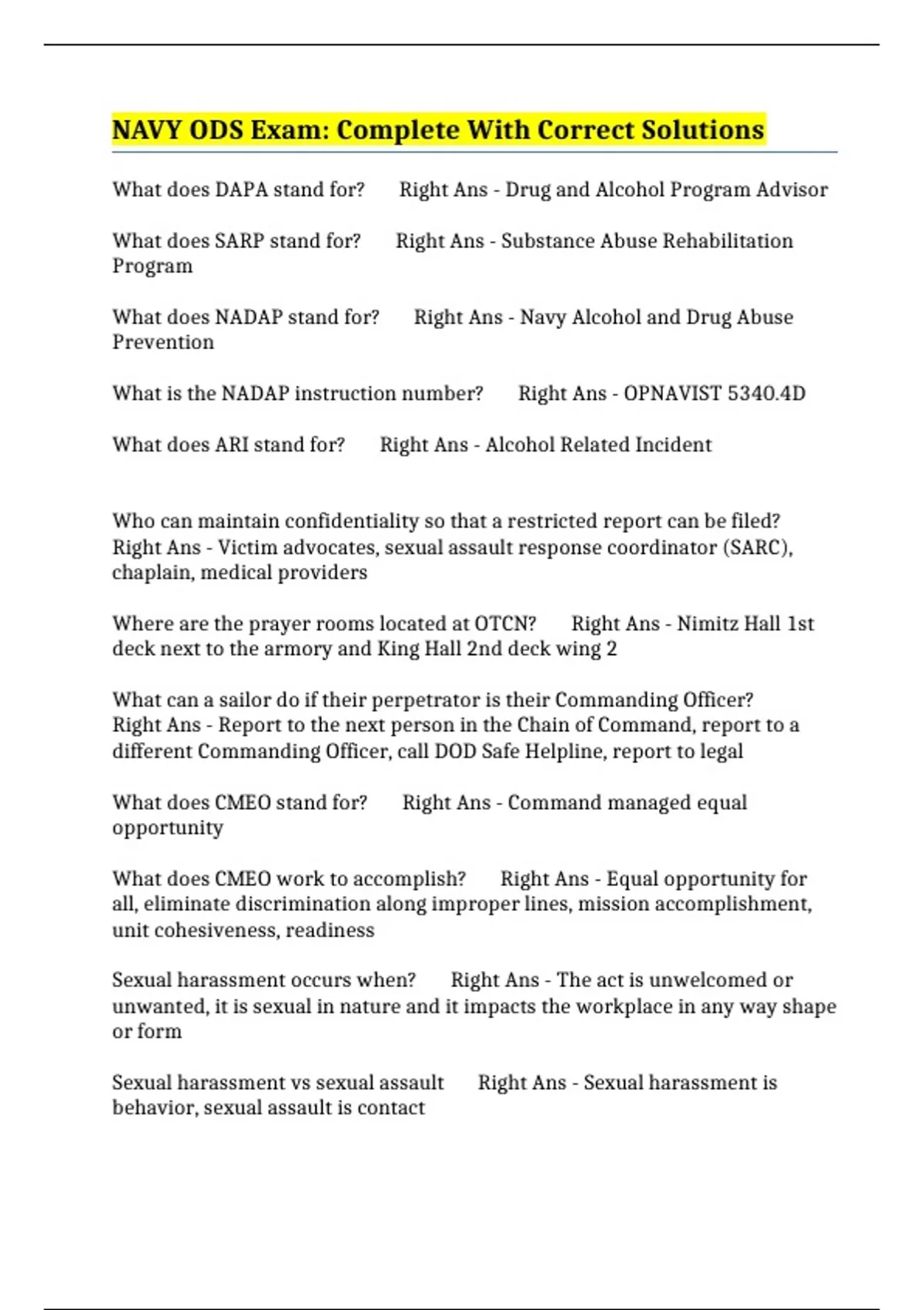 NAVY ODS Exam: Complete With Correct Solutions - NAVY ODS - Stuvia US