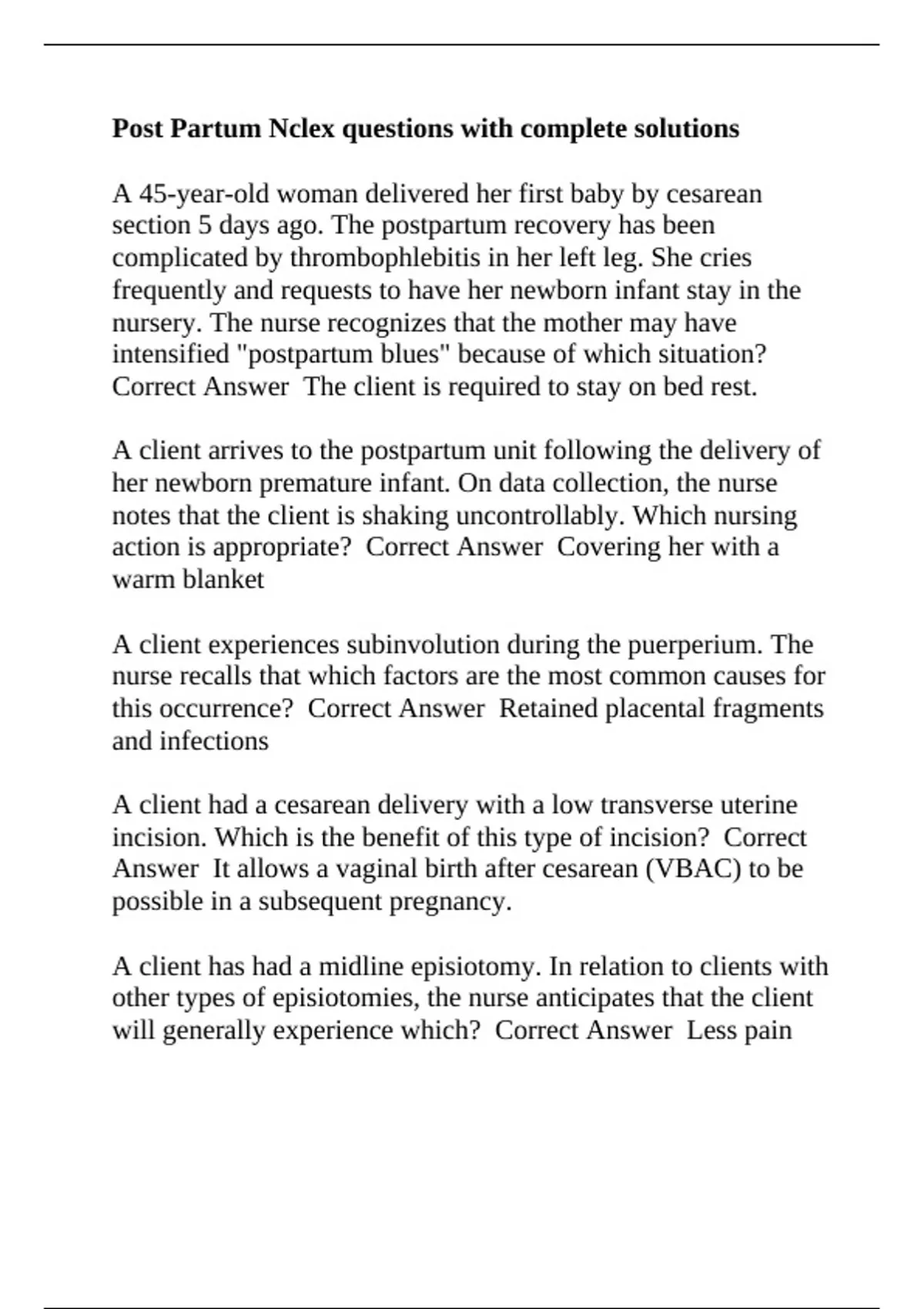 Post Partum Nclex questions with complete solutions - Post Partum - Stuvia US