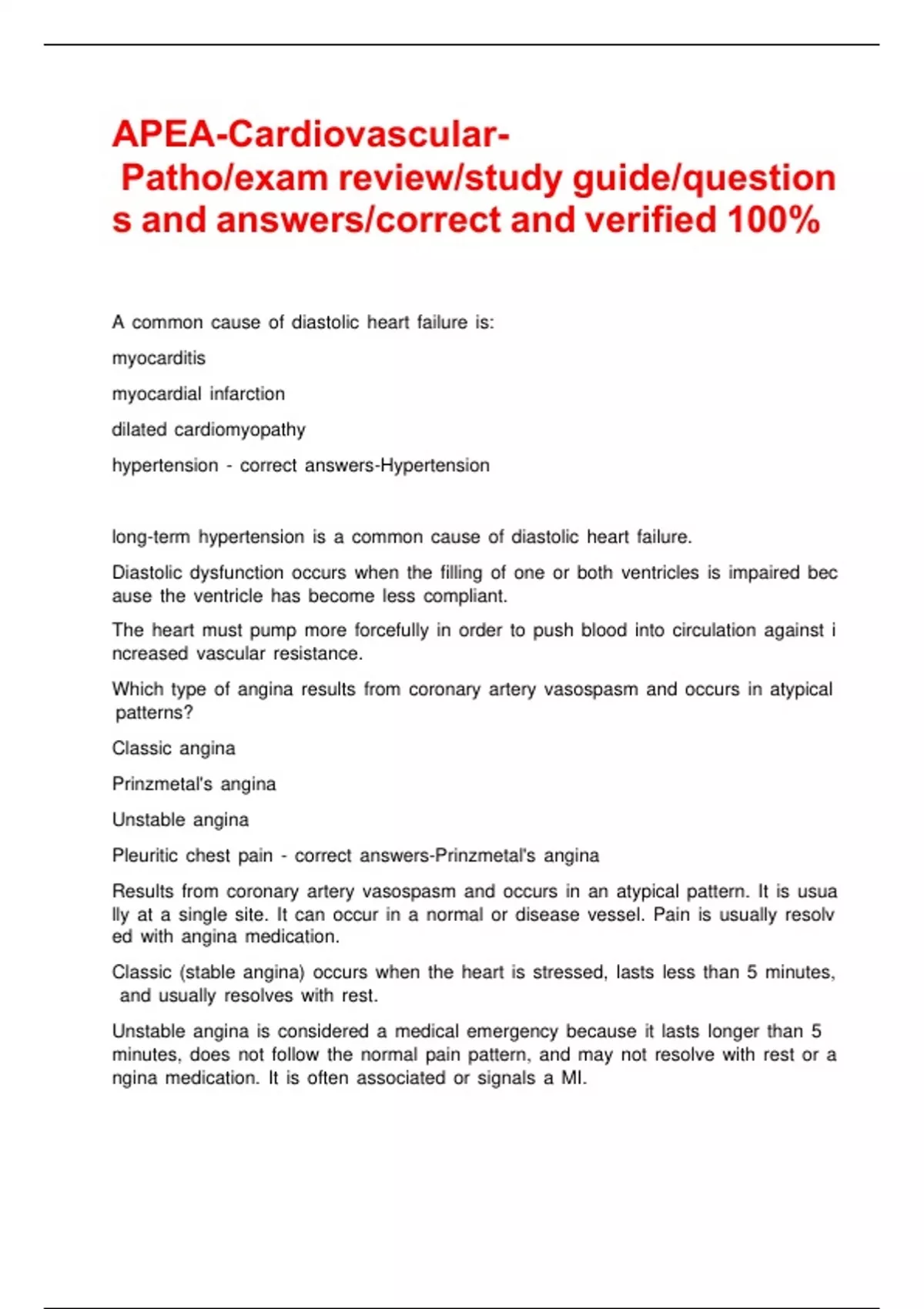 APEA-Cardiovascular- Patho/exam review/study guide/questions and ...
