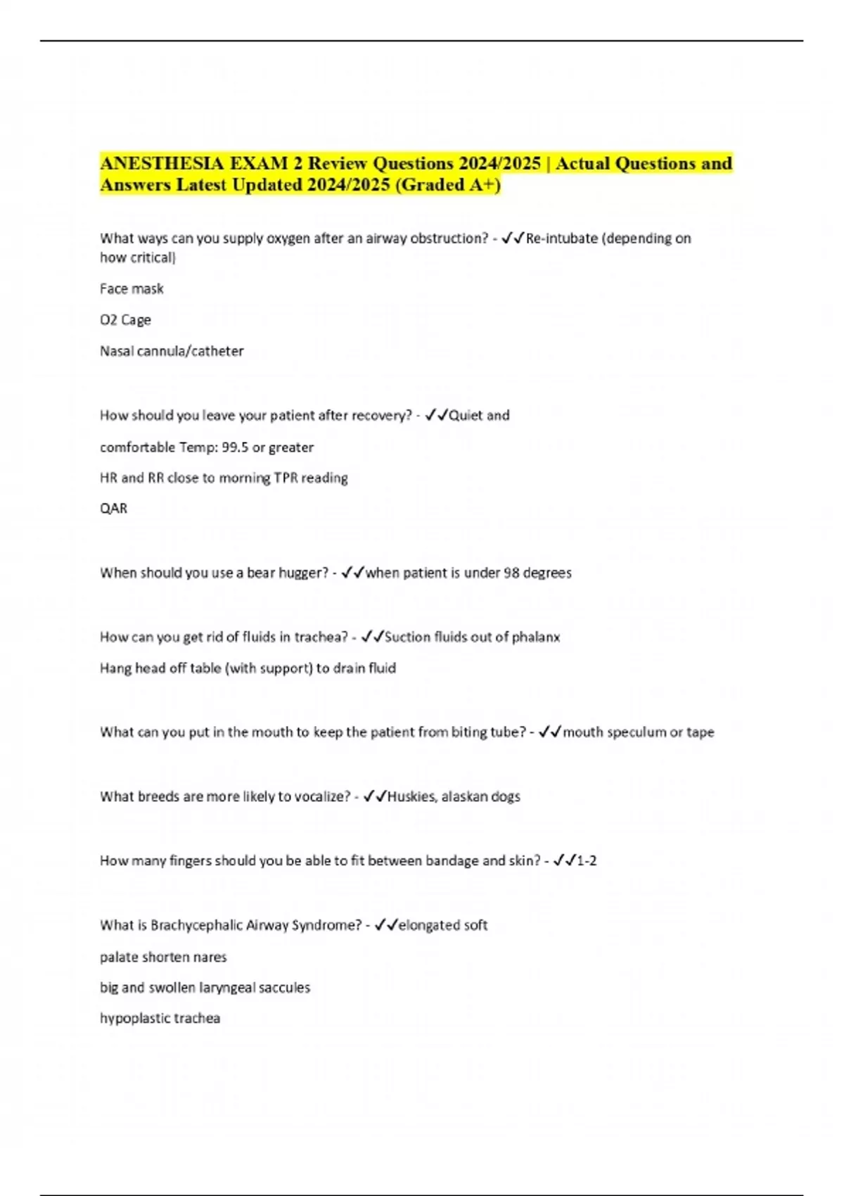 ANESTHESIA EXAM 2 Review Questions 2024/2025 | Actual Questions and ...